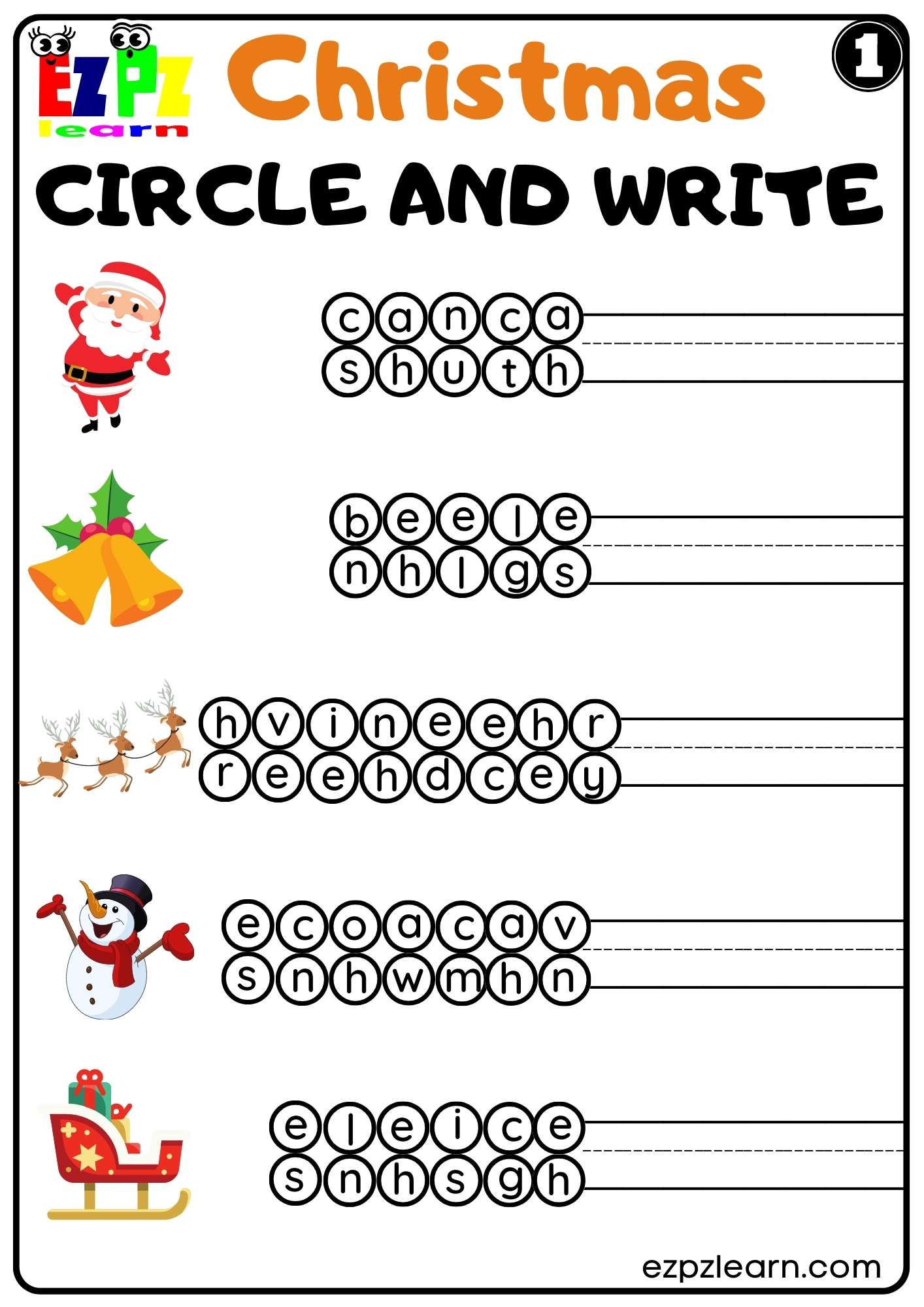 Christmas Circle and Write Worksheet For K5 Kids and ESL Set1 Free PDF ...