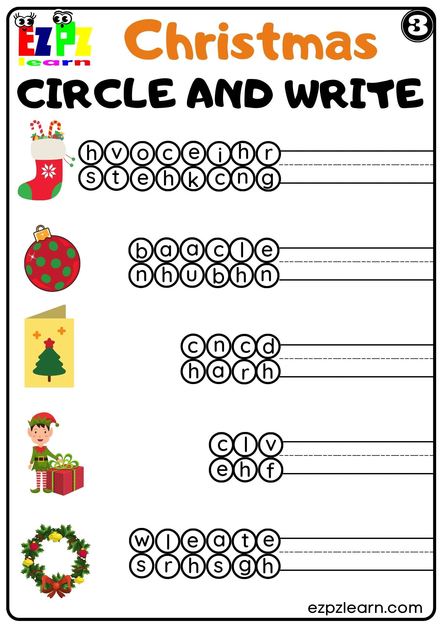 Christmas Holiday Circle and Write Worksheet For K5 Kids and ESL Free ...