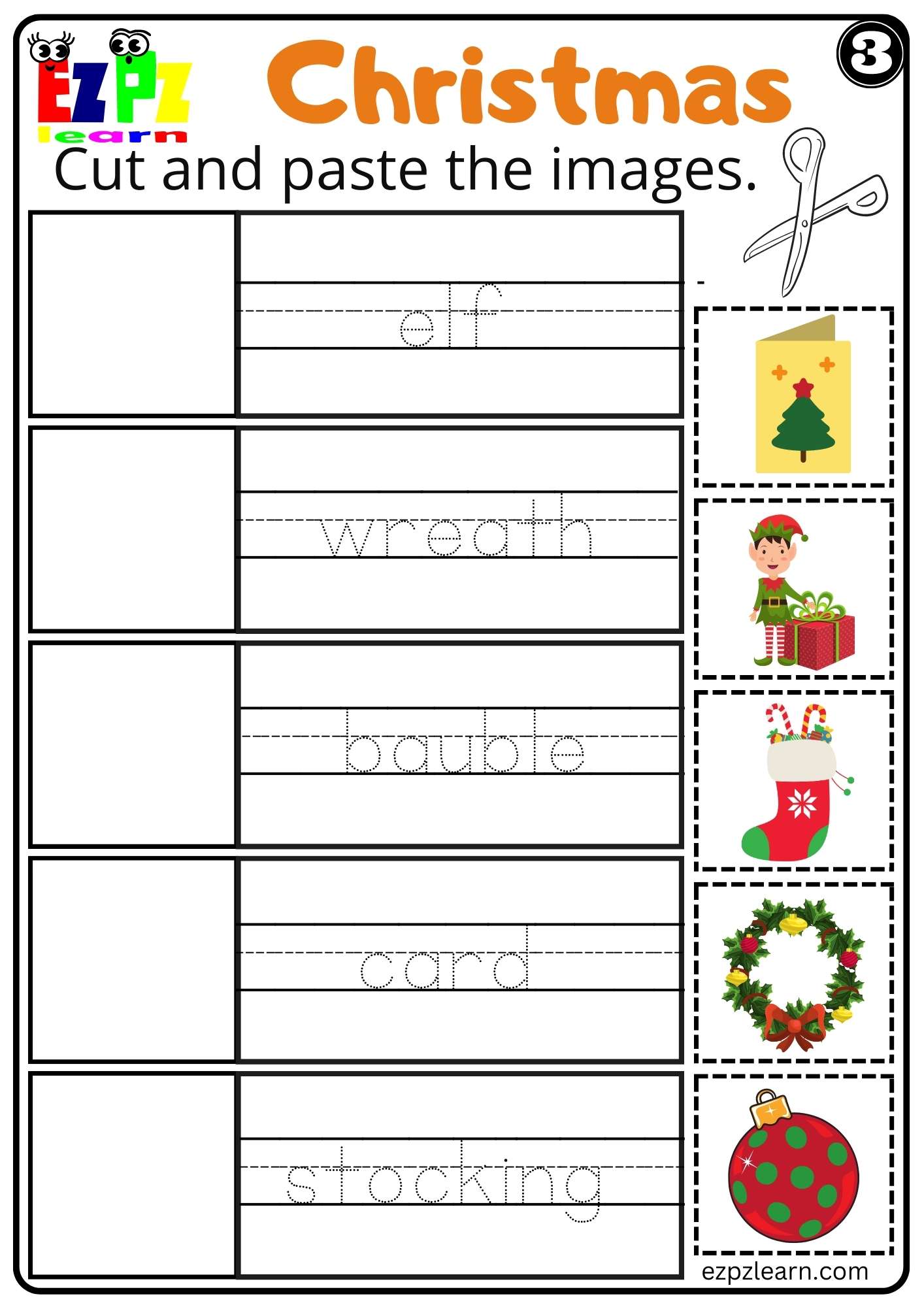 Christmas Holiday Cut and Write Worksheet For K5 Kids and ESL Free PDF ...