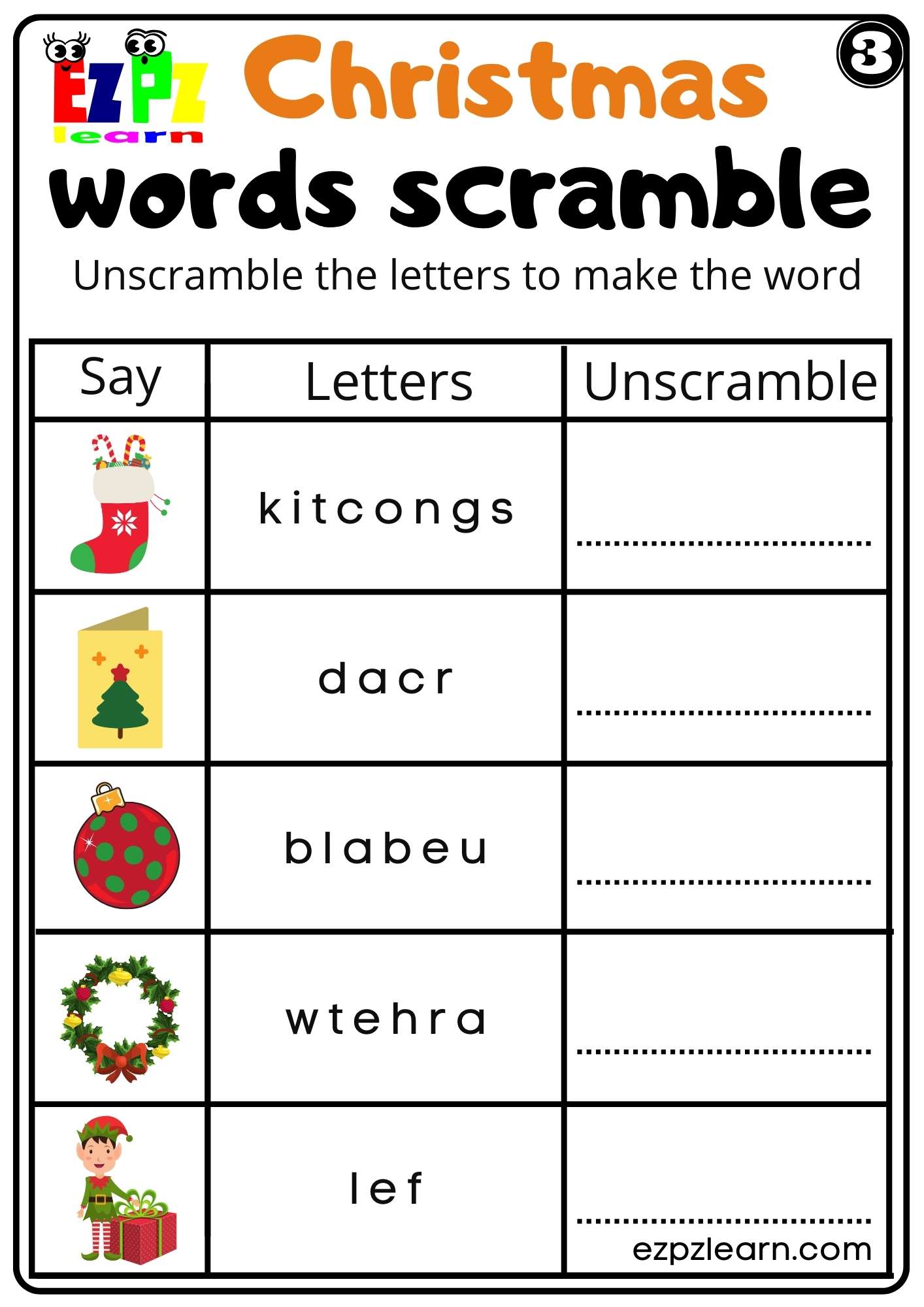 Christmas Holiday Word Scramble Worksheet For K5 Kids and ESL Free PDF ...