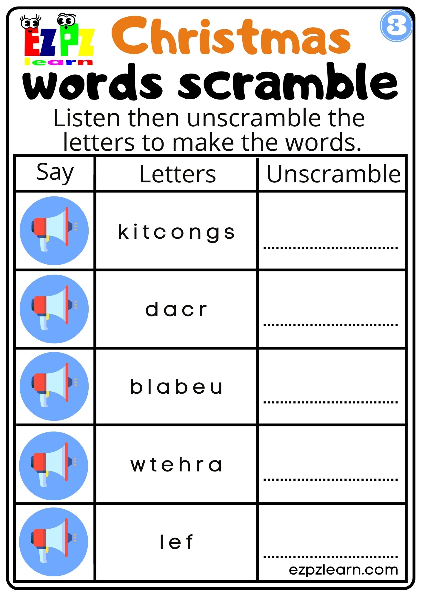 Christmas Interactive Worksheet Listen, Unscramble and Write the Words ...