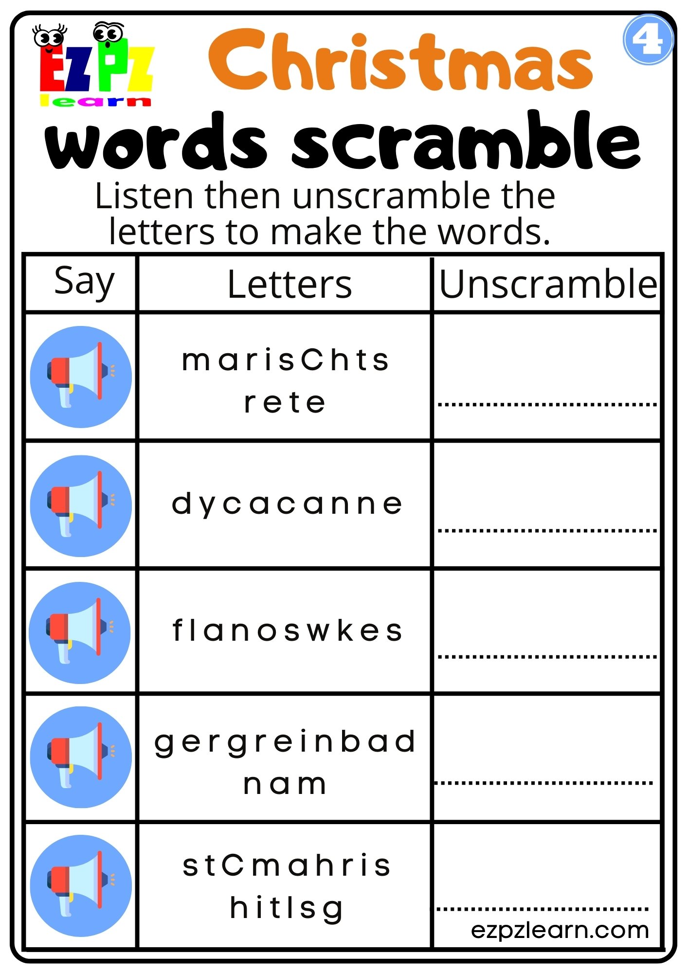 Christmas Interactive Worksheet Listen, Unscramble and Write the Words ...