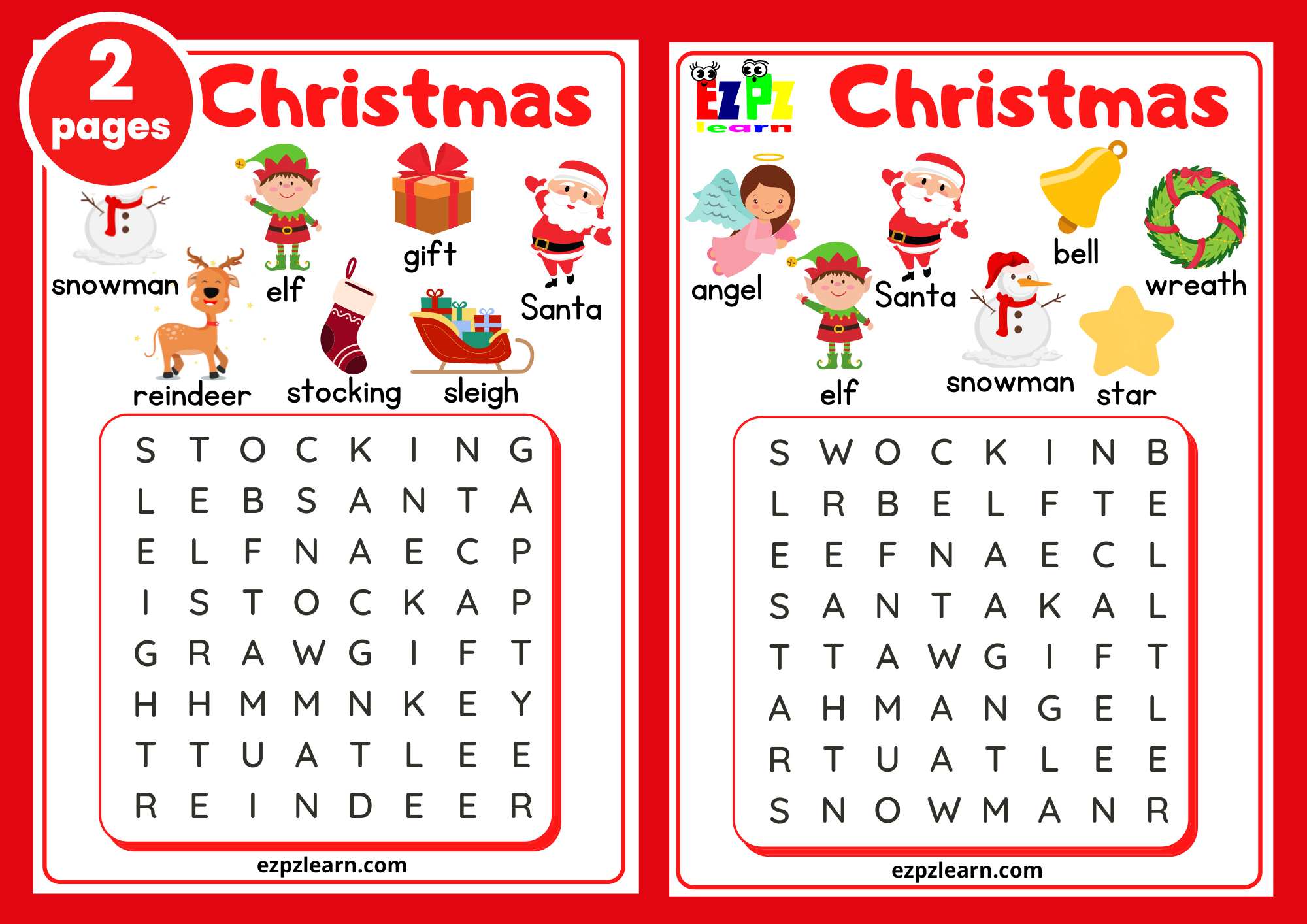 Christmas word searches includes 2 pages - Ezpzlearn.com