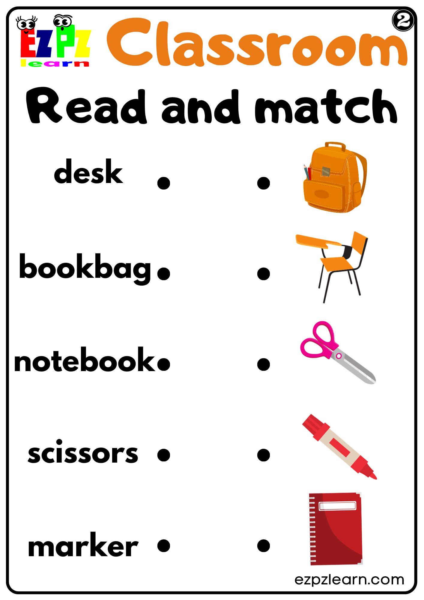 Classroom Objects Read and Match Worksheet Set 2 For Kids and ESL Free ...