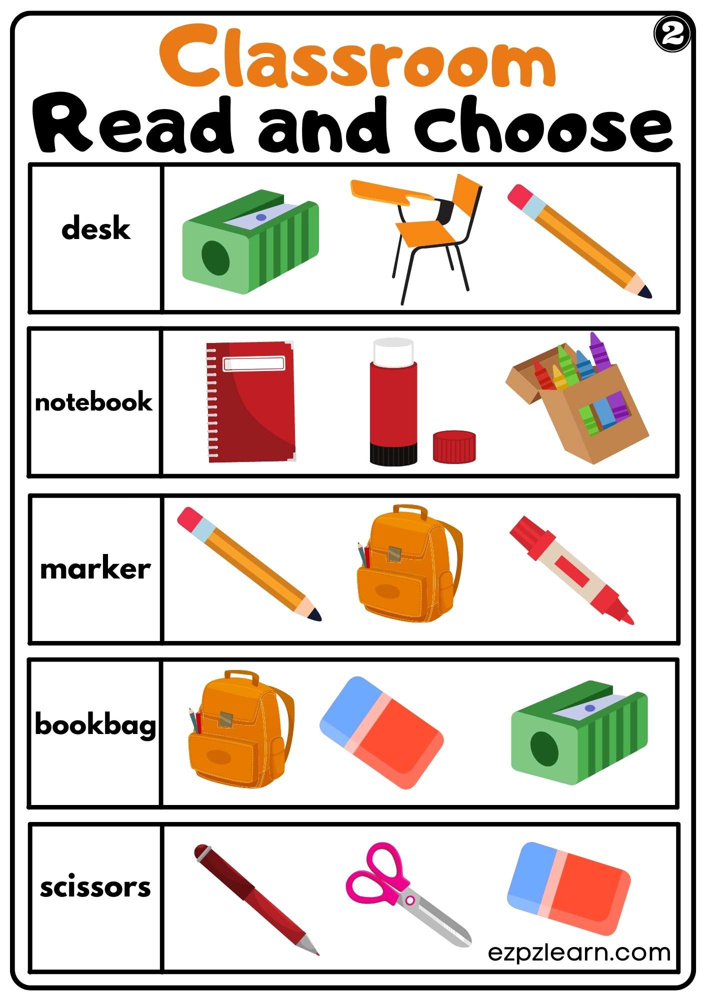 Classroom Read and Choose Worksheet Set 2 For Kids - Ezpzlearn.com