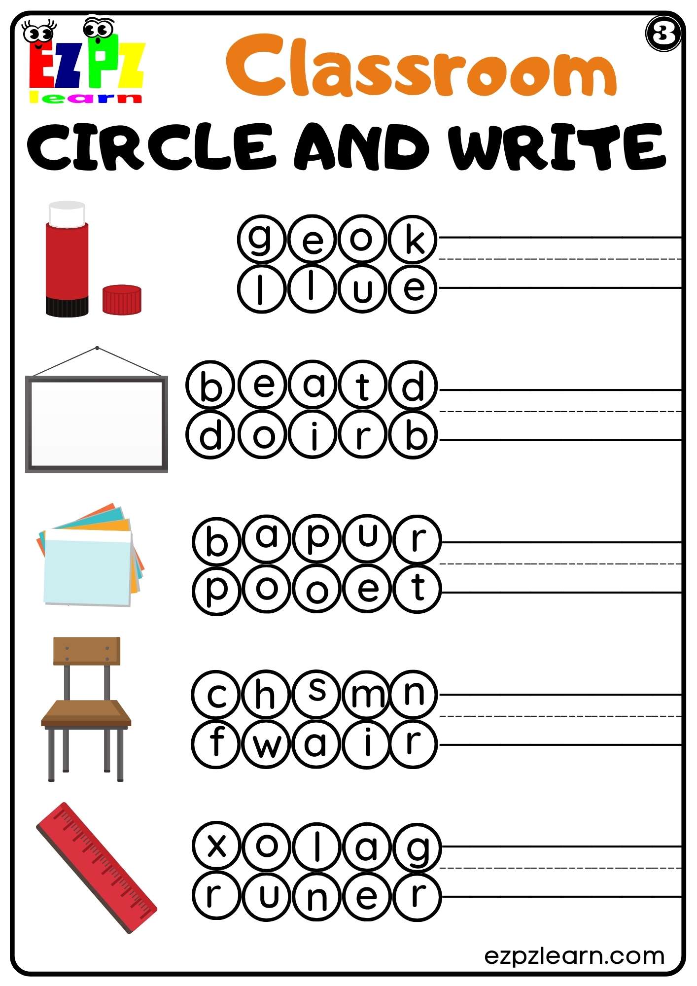 Classroom Objects Circle and Write the Word Worksheet Set 3 - Ezpzlearn.com