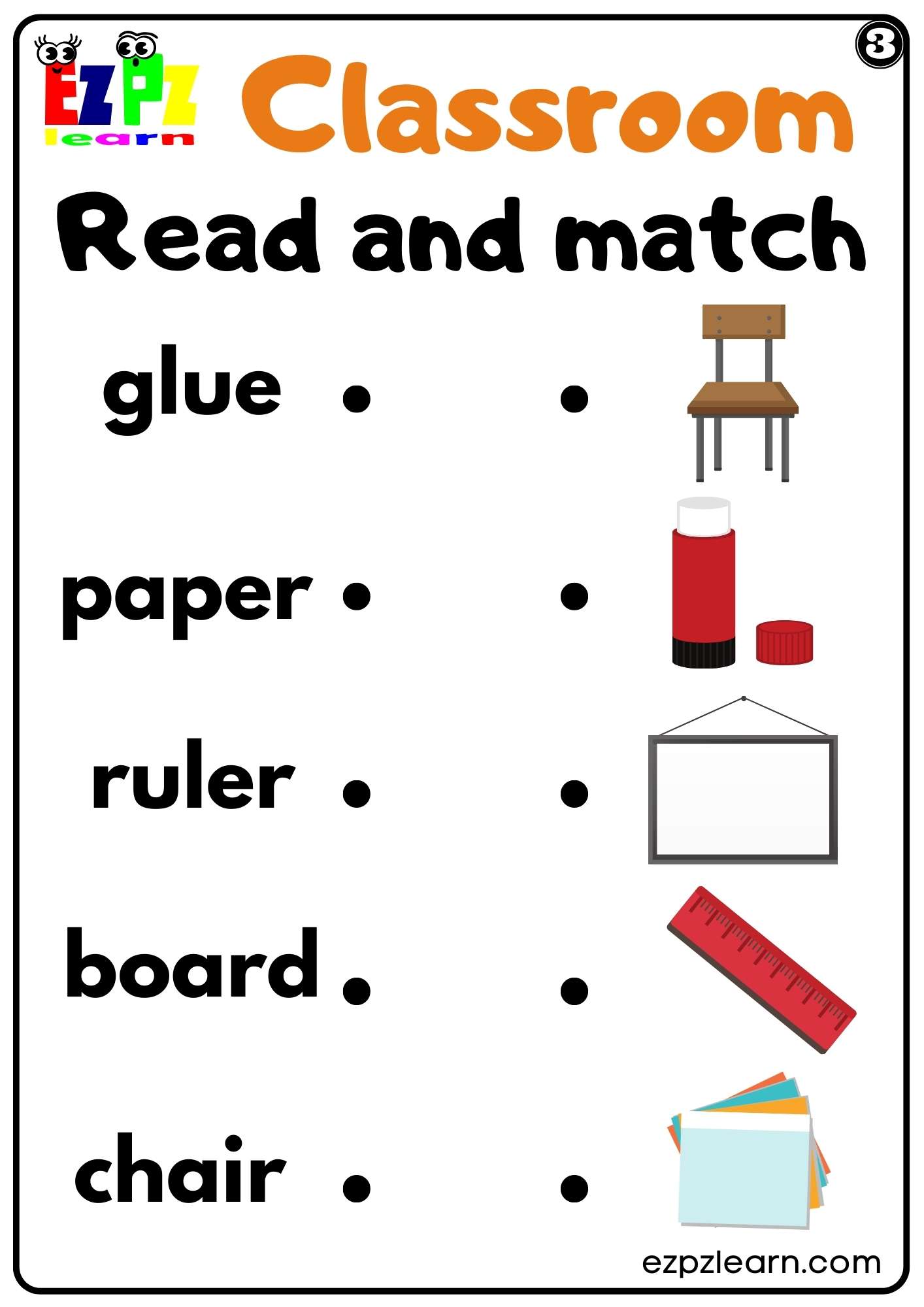 Classroom Objects Read and Match Worksheet Set 3 Great For Kids and ESL ...