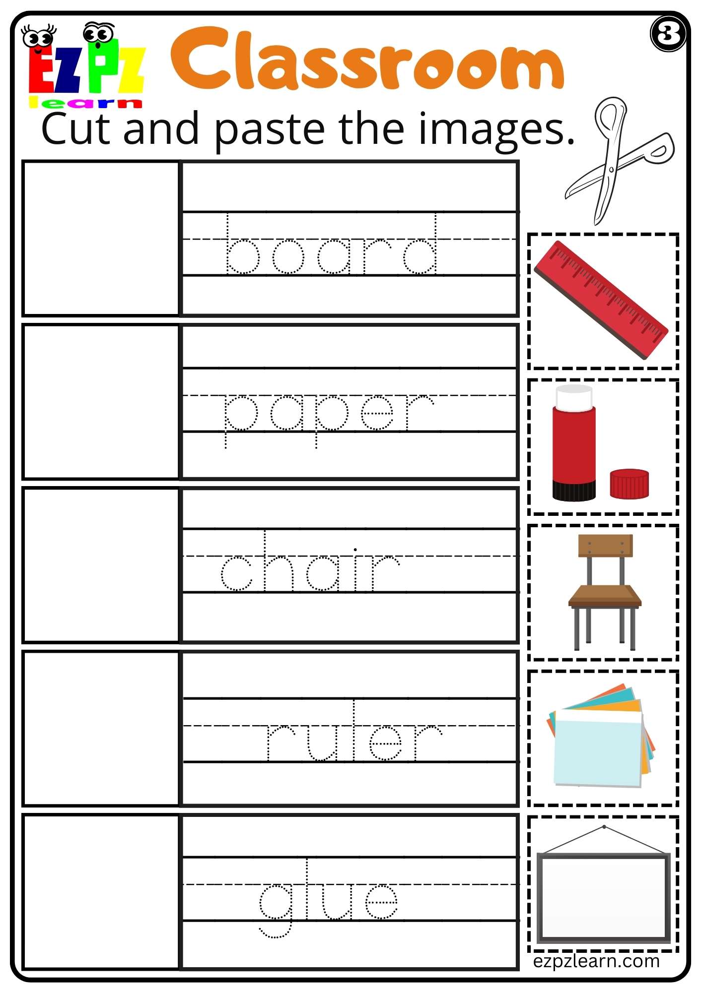 Classroom Objects Cut and Past the Word Worksheet Set 3 - Ezpzlearn.com