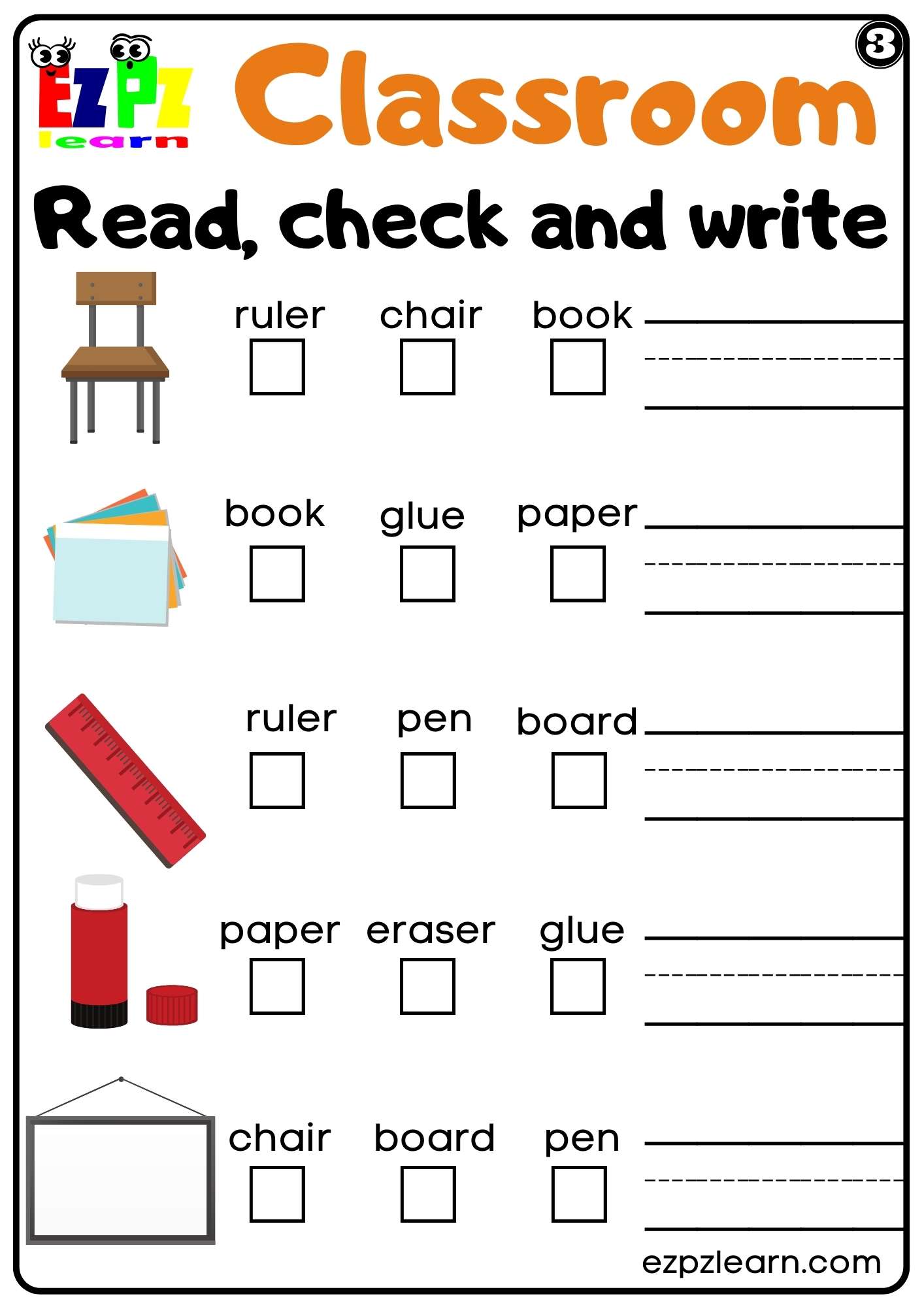 Classroom Objects Read Check and Write Worksheet Set 3 Great For Kids ...