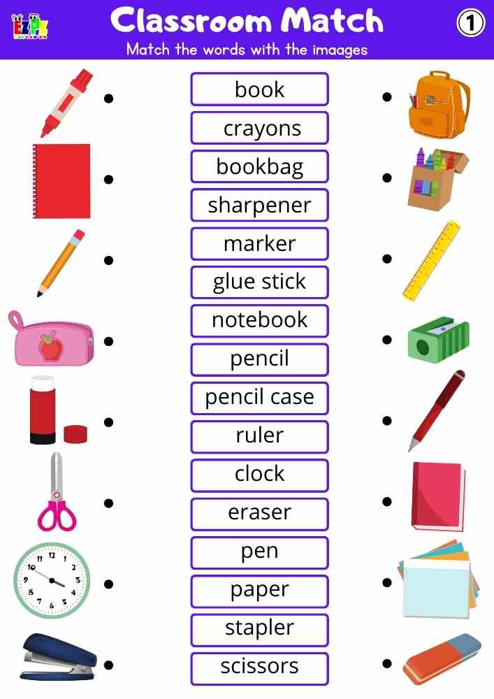 Classroom Objects Word Match Worksheet – Fun School Vocabulary Practice ...