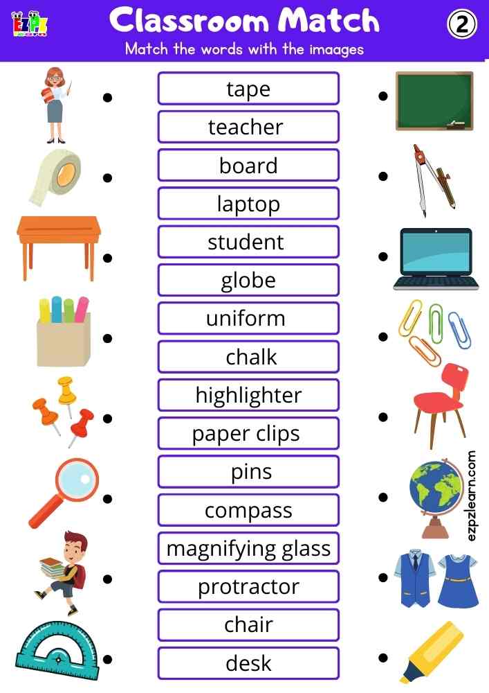 Classroom Objects Word Match Worksheet – Fun School Vocabulary Practice ...