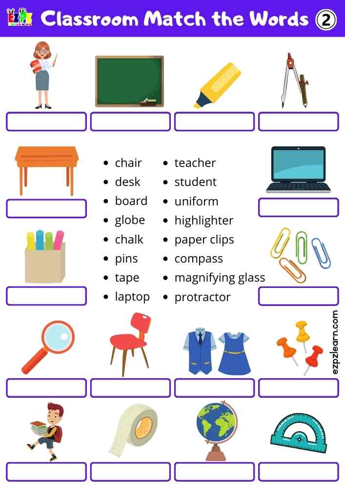 Classroom Objects Word Match Worksheet – Vocabulary Practice PDF ...