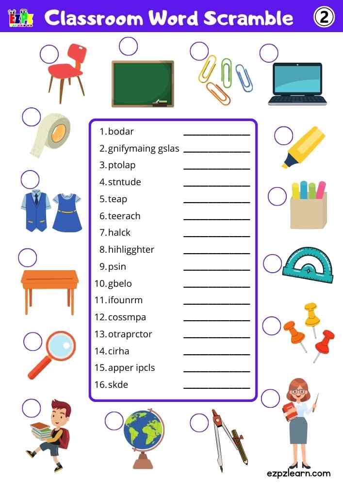Classroom Objects Word Scramble Worksheet – Unscramble the Words Set 2 ...