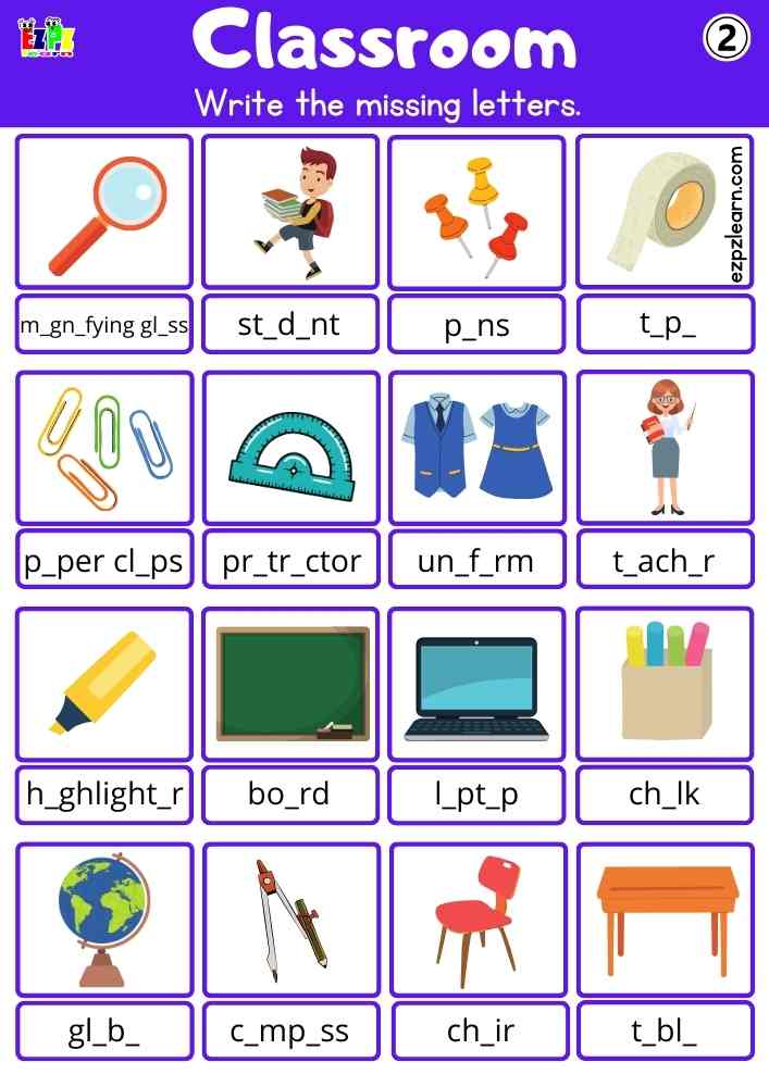 Classroom Objects Fill in the Missing Letters Worksheet Set 2 PDF ...