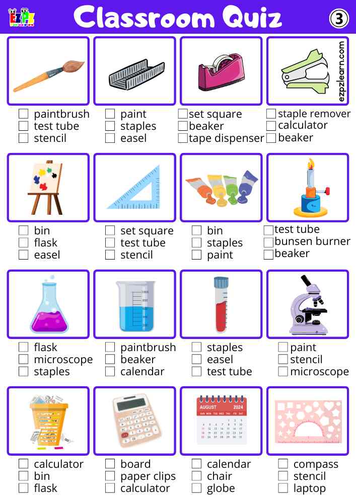 Classroom Objects Quiz Worksheet – Check the Correct Answer Set 3 PDF ...
