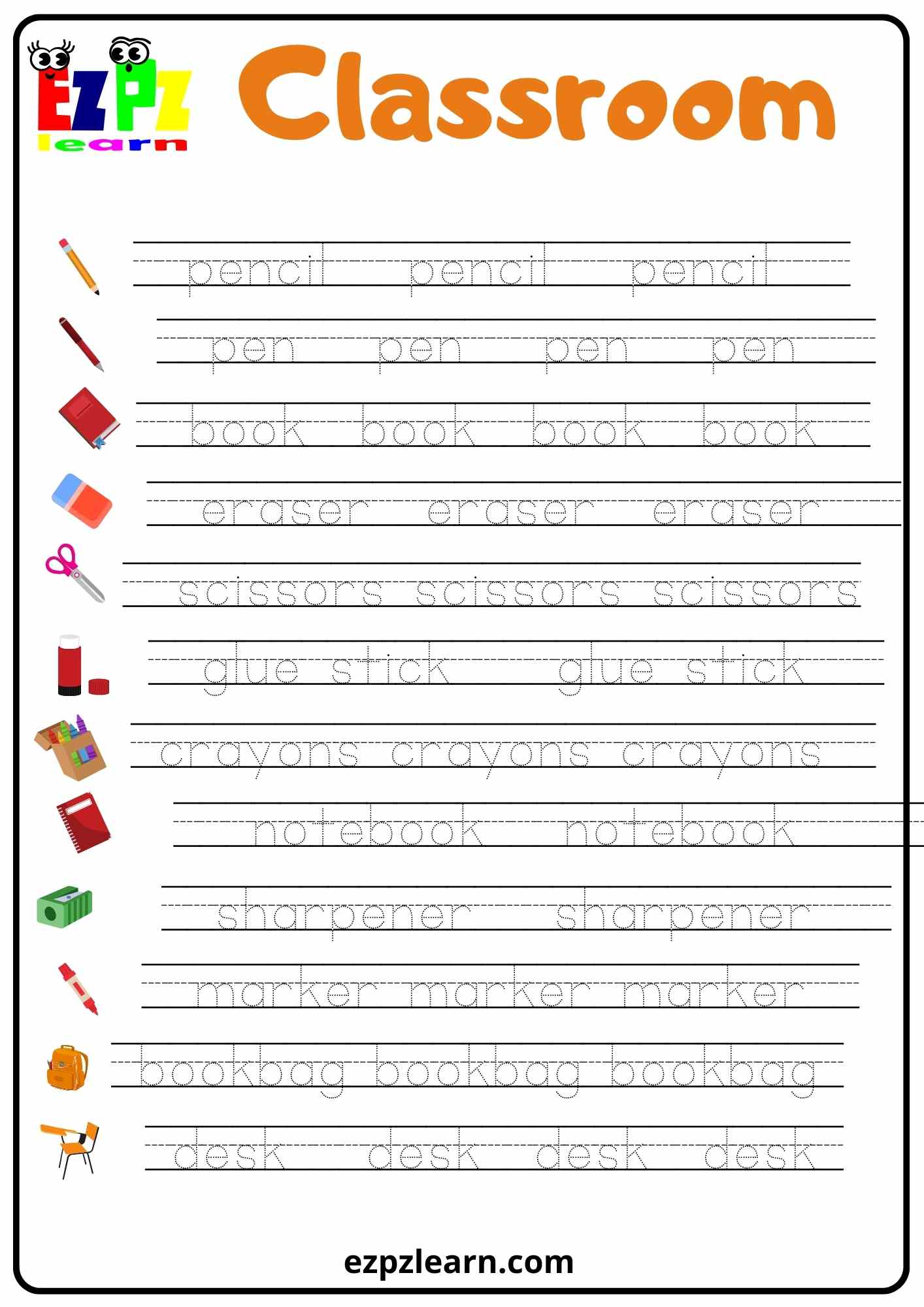 Classroom Objects Word Tracing Worksheet - Ezpzlearn.com