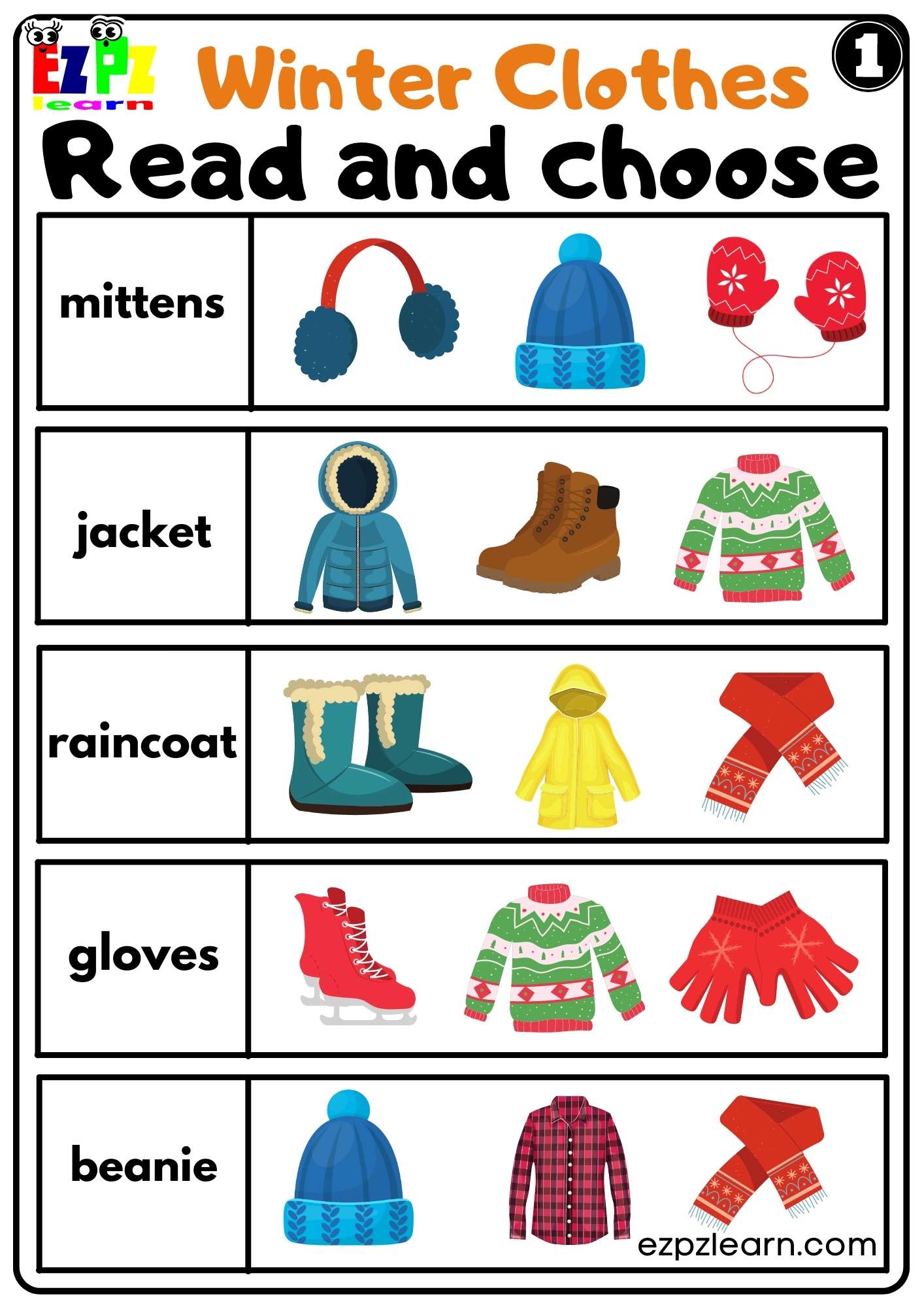 Winter Clothes Read and Choose Worksheet for k5 and ESL PDF Download ...