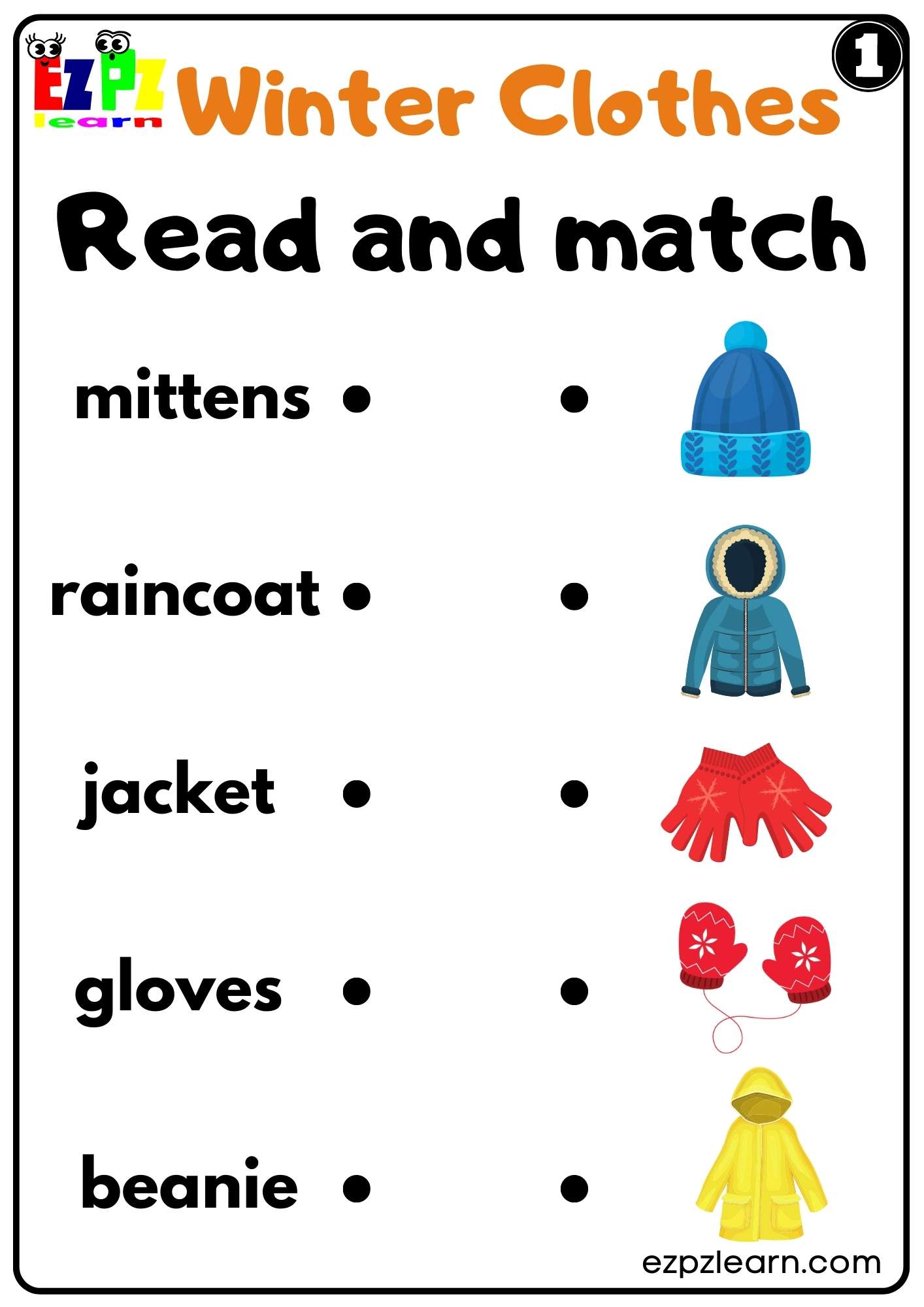 Winter Clothes Read and Match Worksheet for K5 and ESL PDF Download Set ...