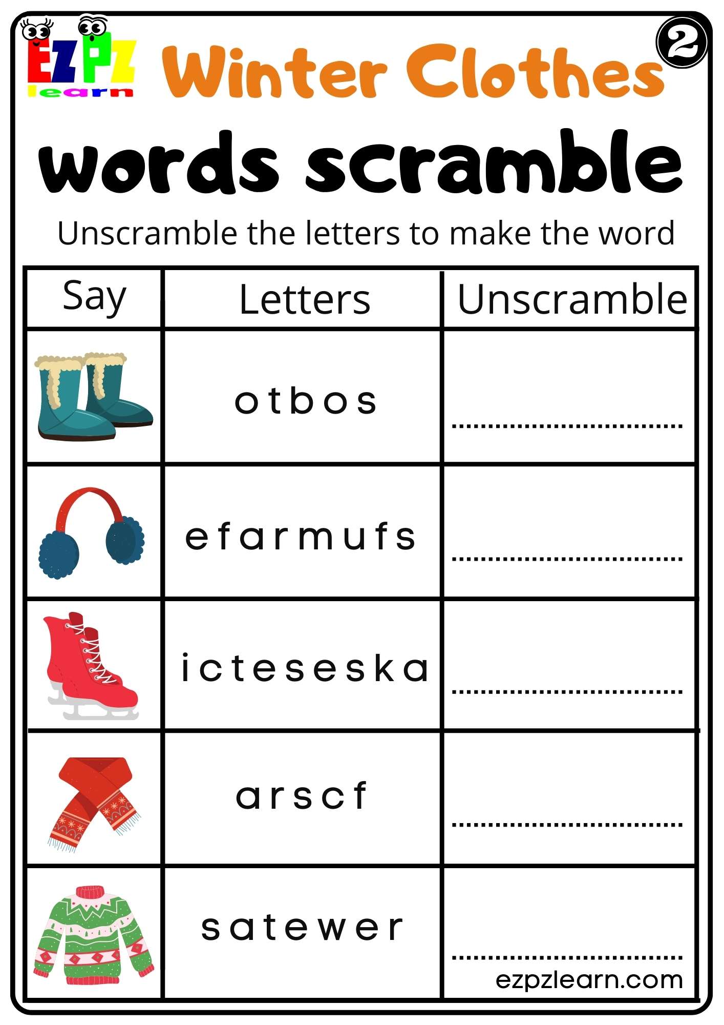 Winter Clothes Word Scramble Worksheet K5 and ESL PDF Download Set 2 ...