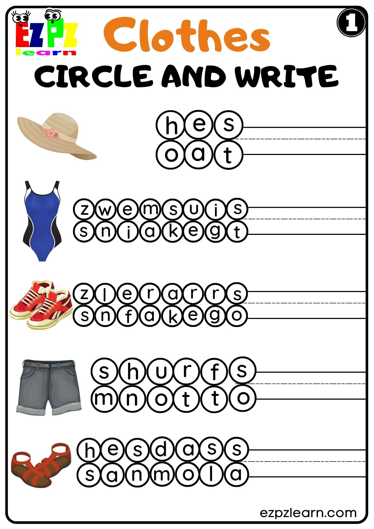 Clothes Circle and Write Worksheet Kindergarten K5 and ESL set 1 ...