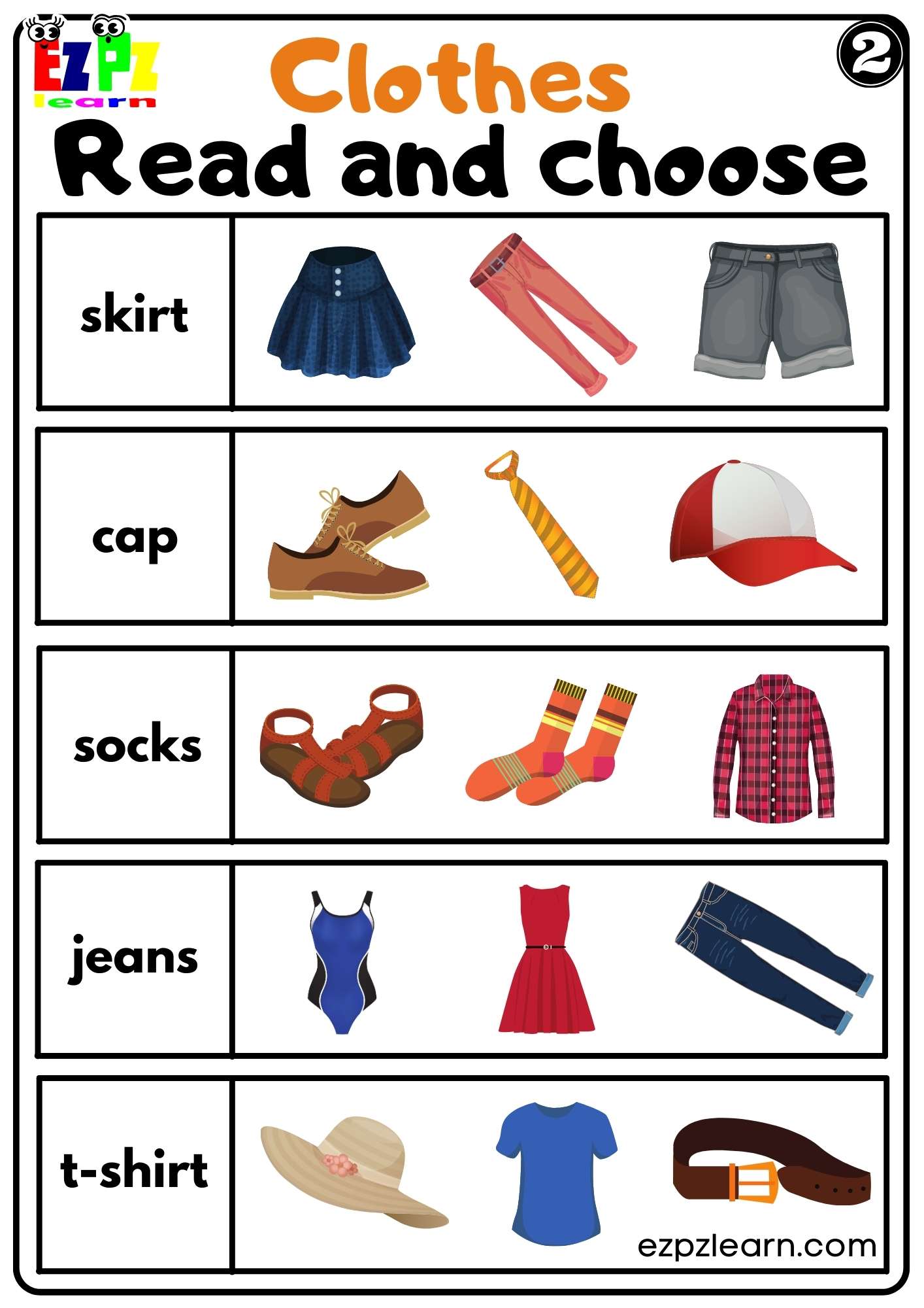 Clothes Read and Choose Worksheet for Kindergarten K5 and ESL set 2 ...