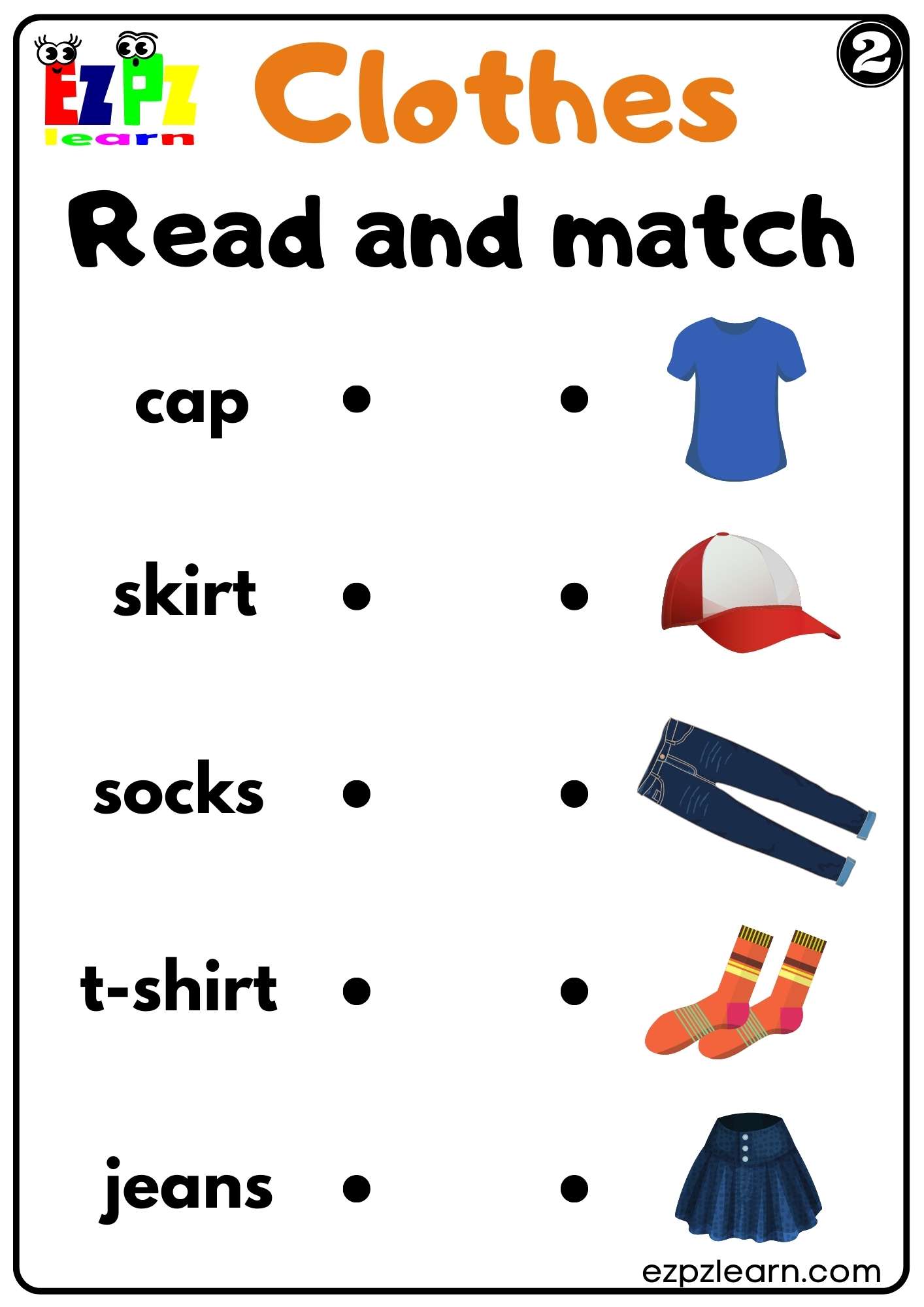 Clothes Read and Match Worksheet for Kindergarten K5 and ESL set 2 ...