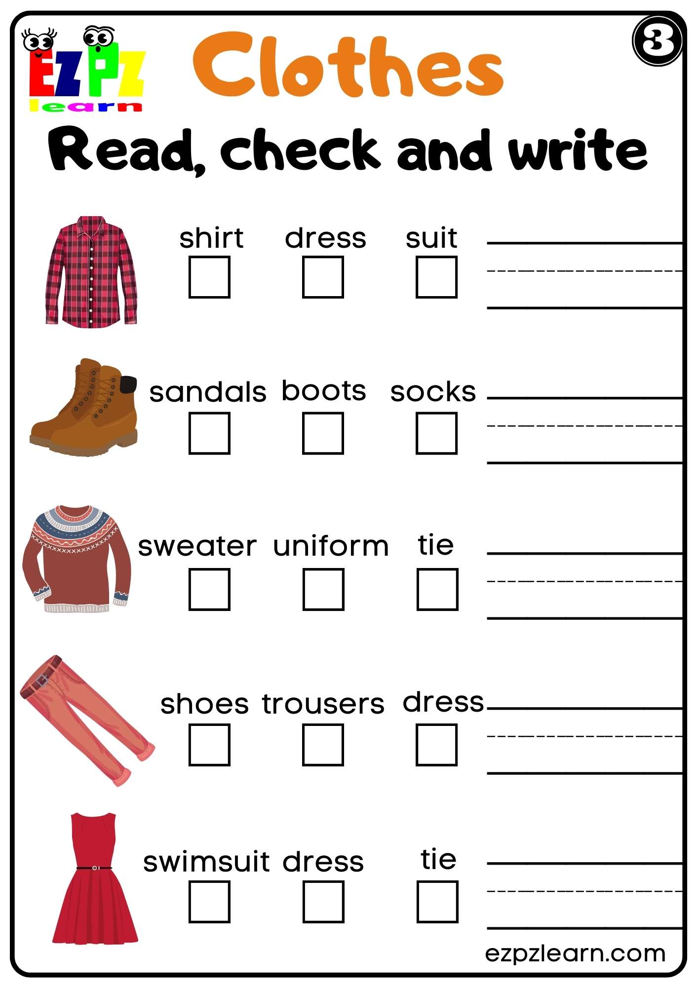 Clothes Read Check and Write Worksheet for Kindergarten K5 and ESL set ...
