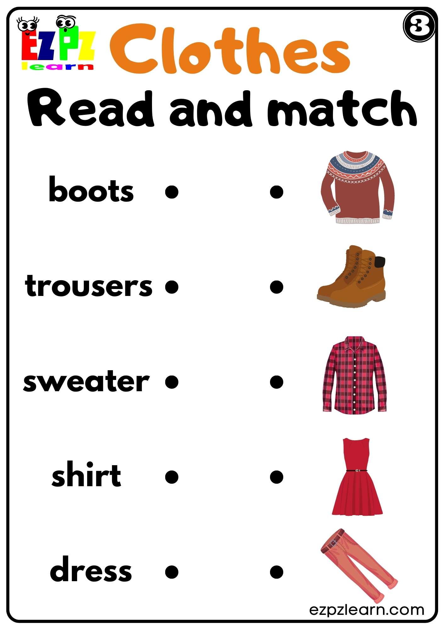 Clothes Read and Match Worksheet for Kindergarten K5 and ESL set 3 ...