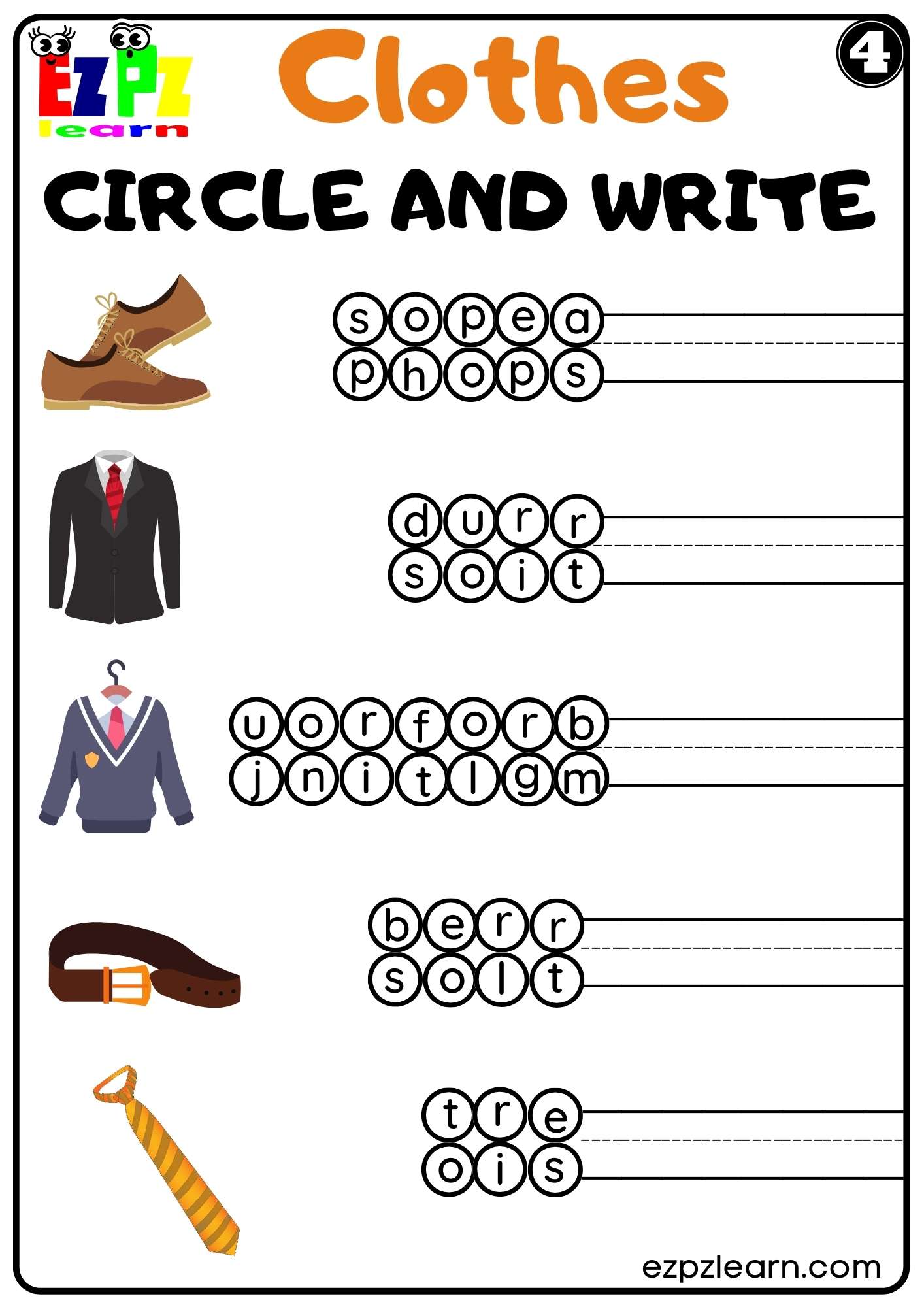 Clothes Circle and Write Worksheet for Kindergarten K5 and ESL set 4 ...
