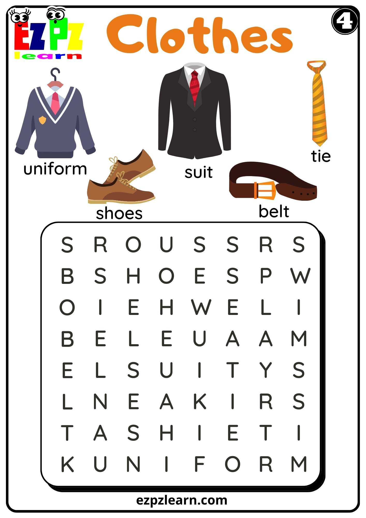 Clothes Word Search Worksheet for Kindergarten K5 and ESL set 4 ...