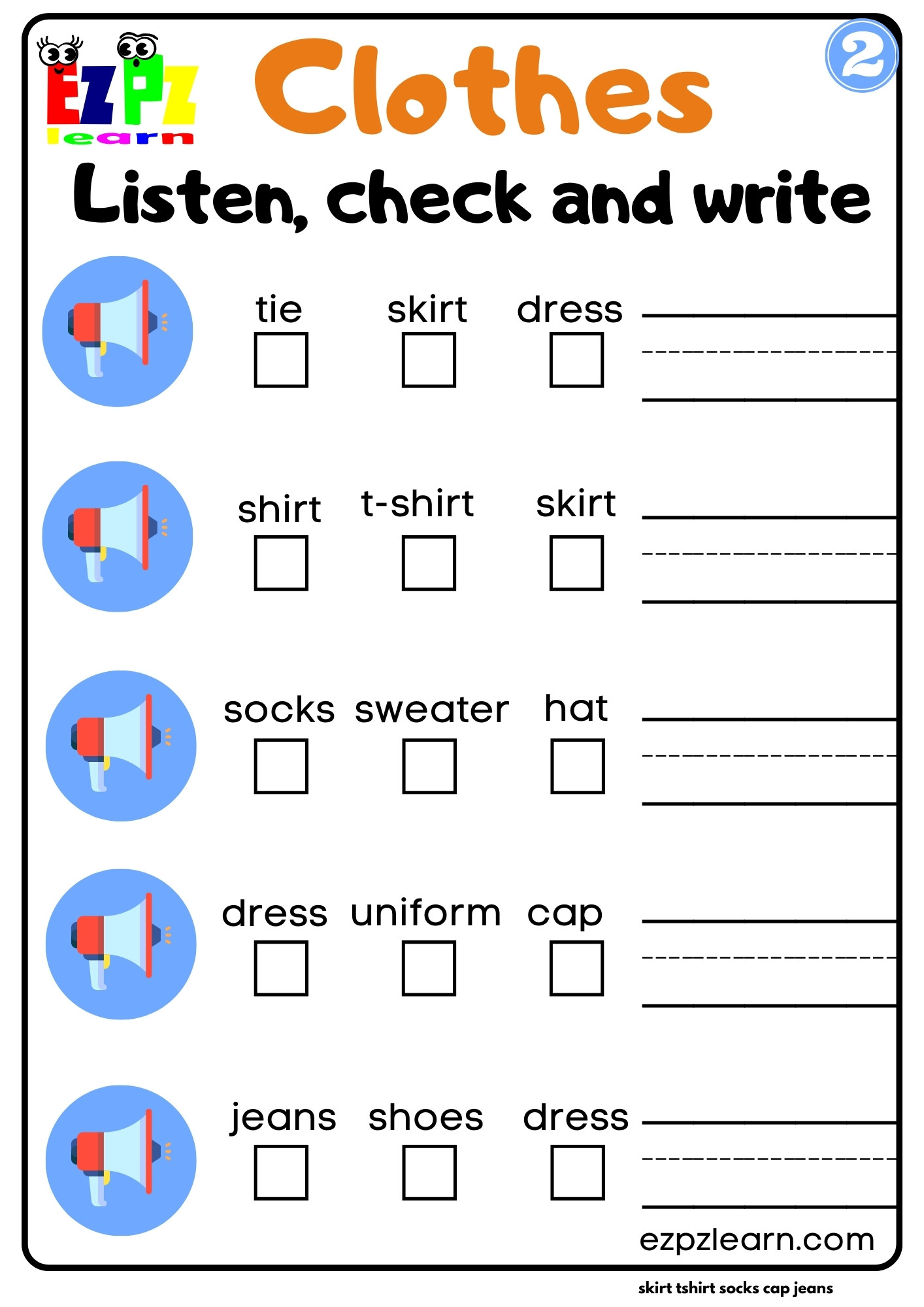 Interactive Clothes Worksheet Listen, Check and Write Activity for Kids ...