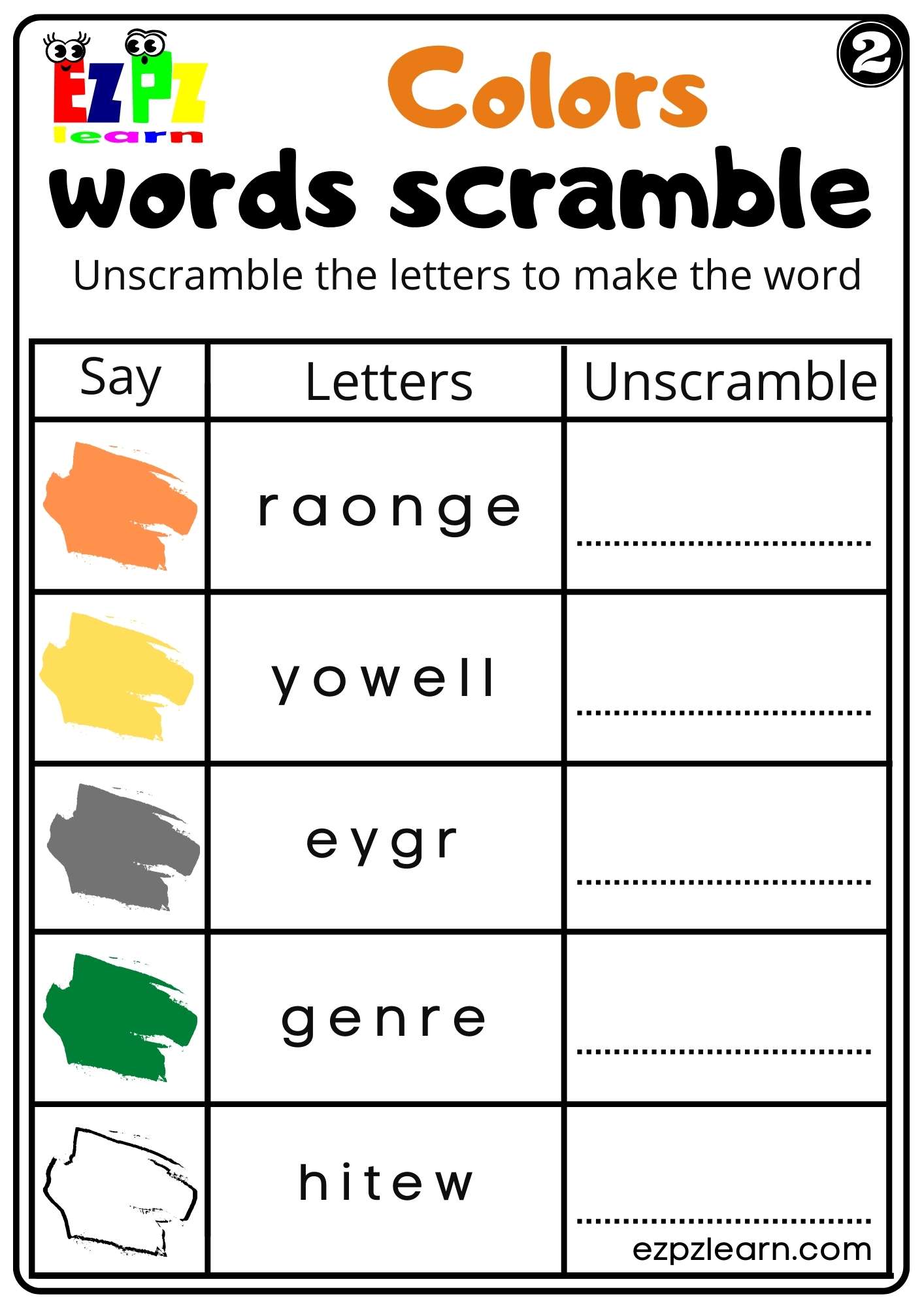 Colors Word Scramble Worksheet for Kindergarten K5 and ESL PDF Download ...