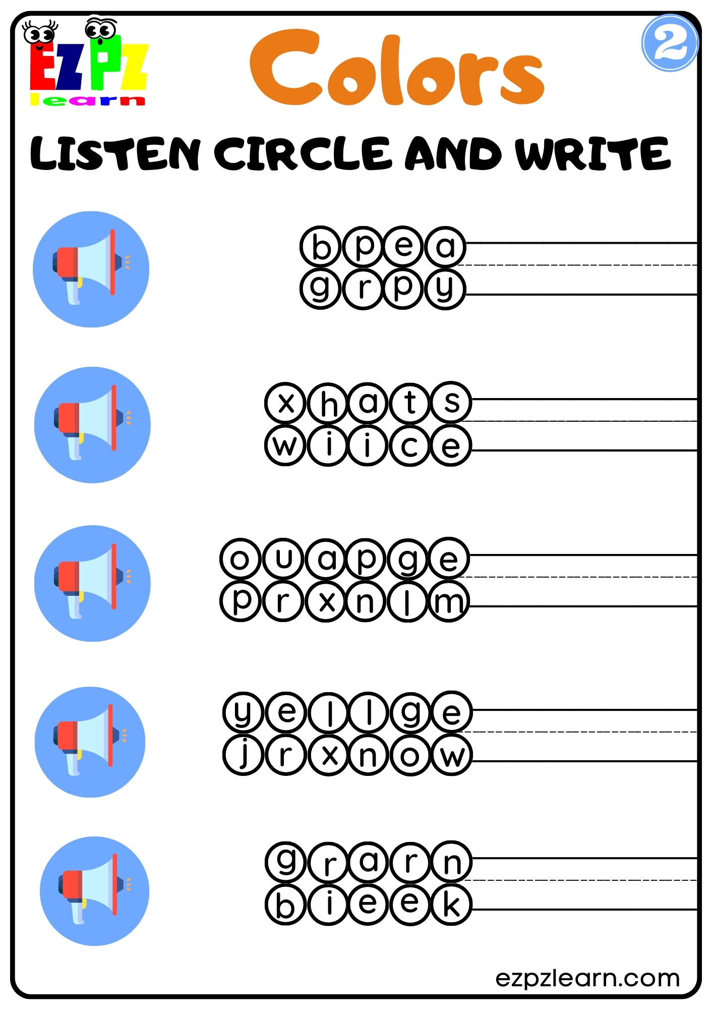 Interactive Colors Worksheet Listen, Circle and Write Activity for Kids ...