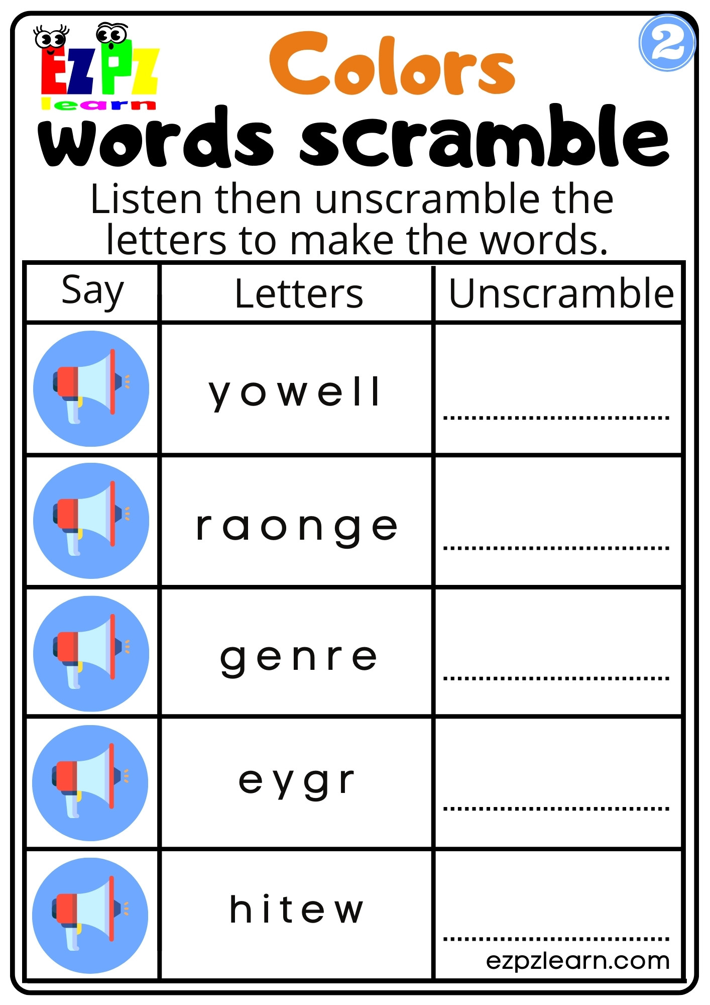 Interactive Colors Worksheet Listen, Unscramble and Write Activity for ...