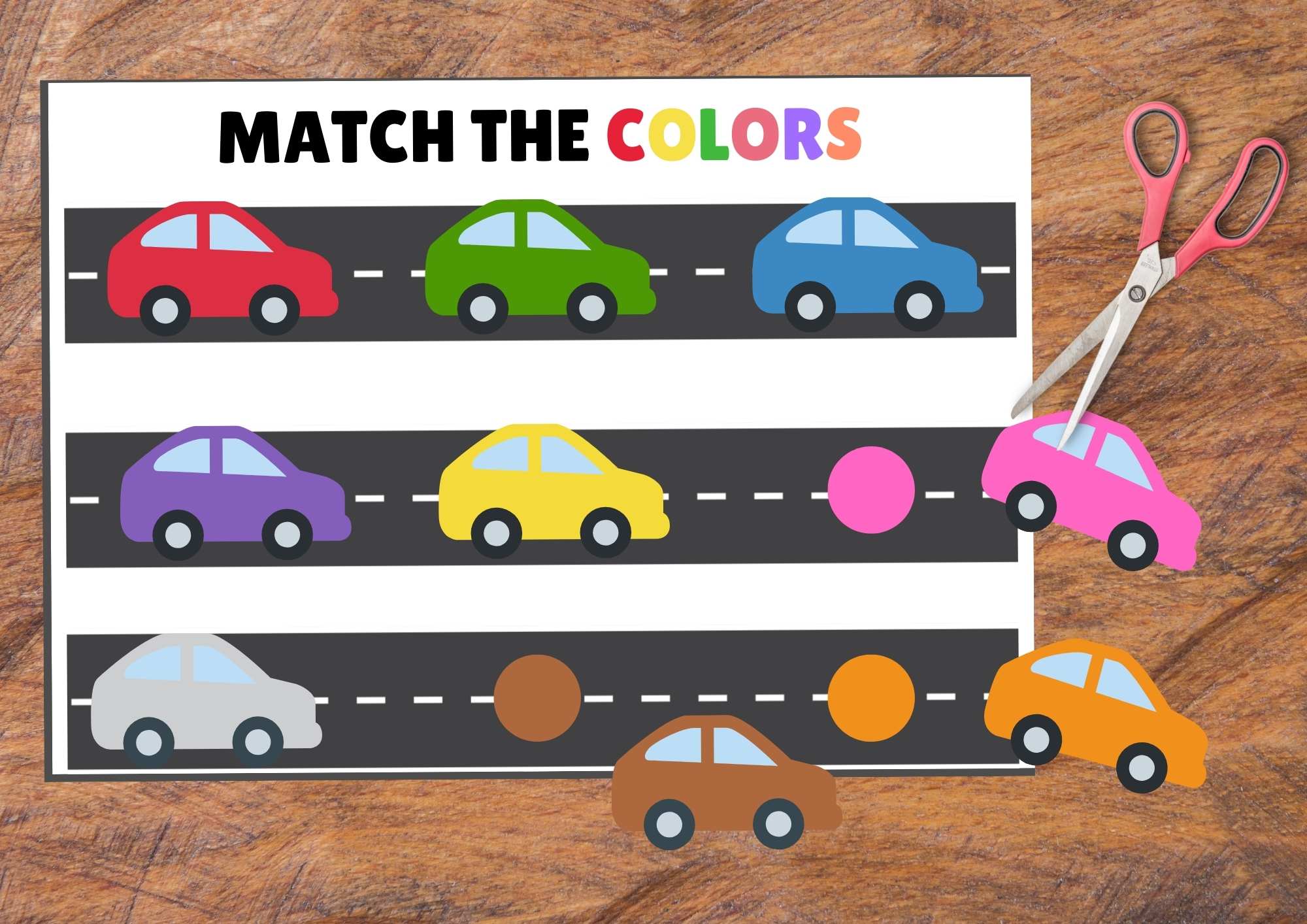 Cars match the colors cut and paste - Ezpzlearn.com