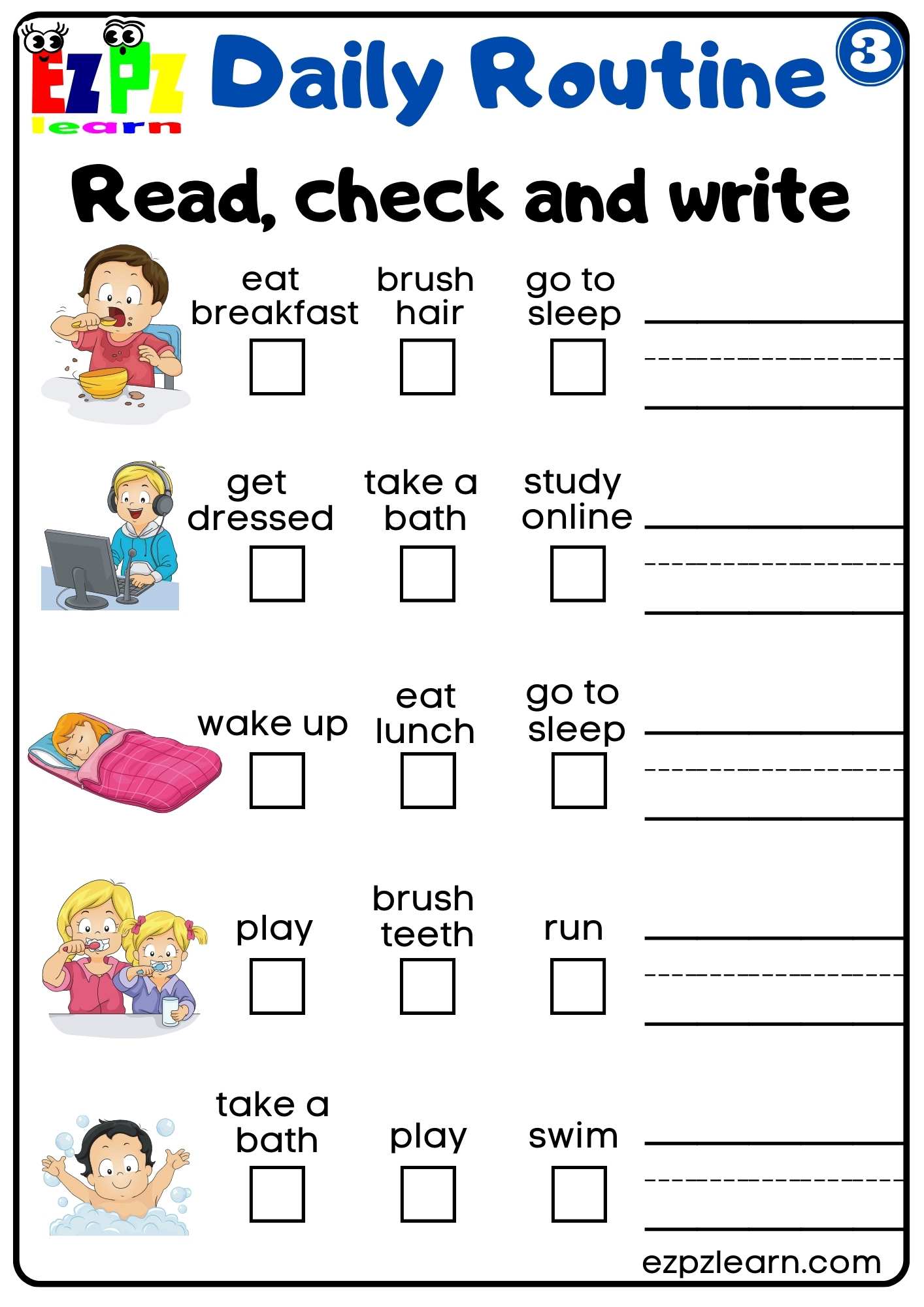 Daily Routines Group 3 Read Check and Write Worksheet For ESL Students ...