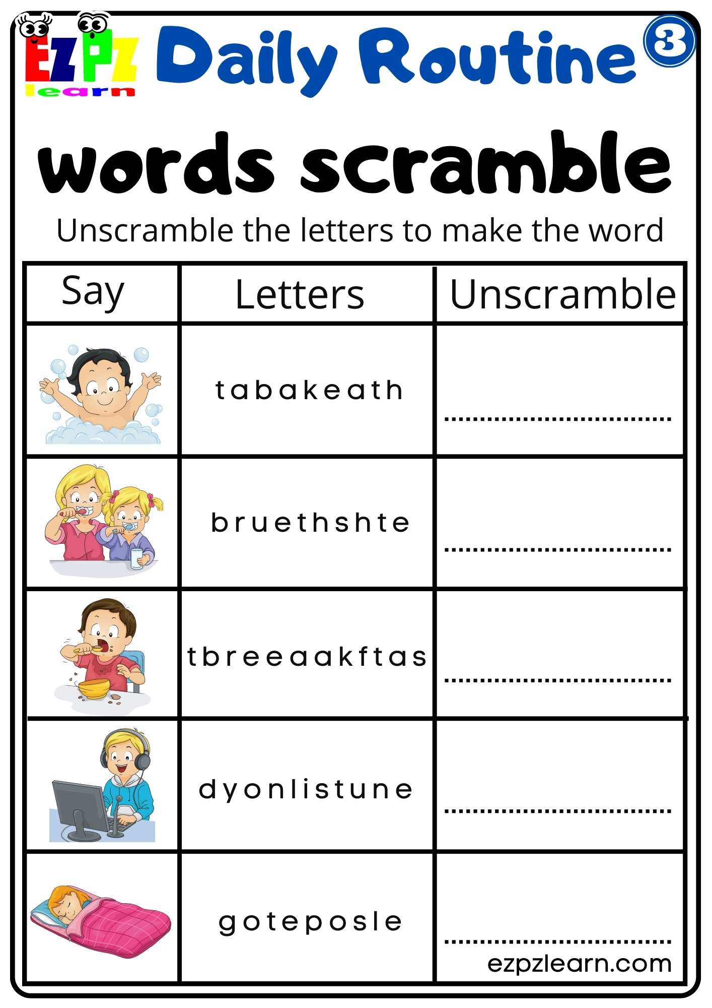 Daily Routines Group 3 Word Scramble Worksheet For ESL Students and ...