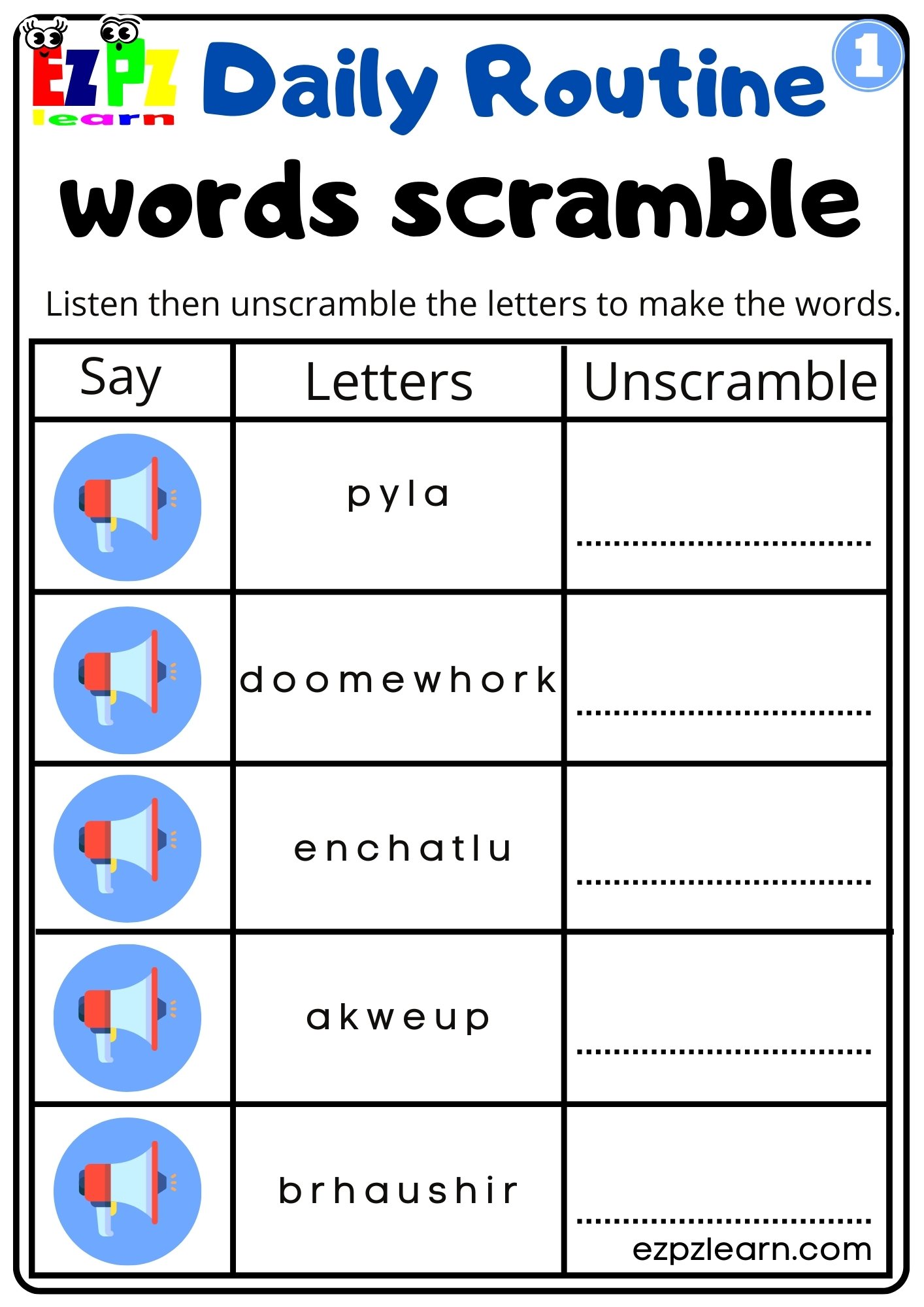 Interactive Daily Routine Vocabulary Worksheet Listen, Unscramble and ...