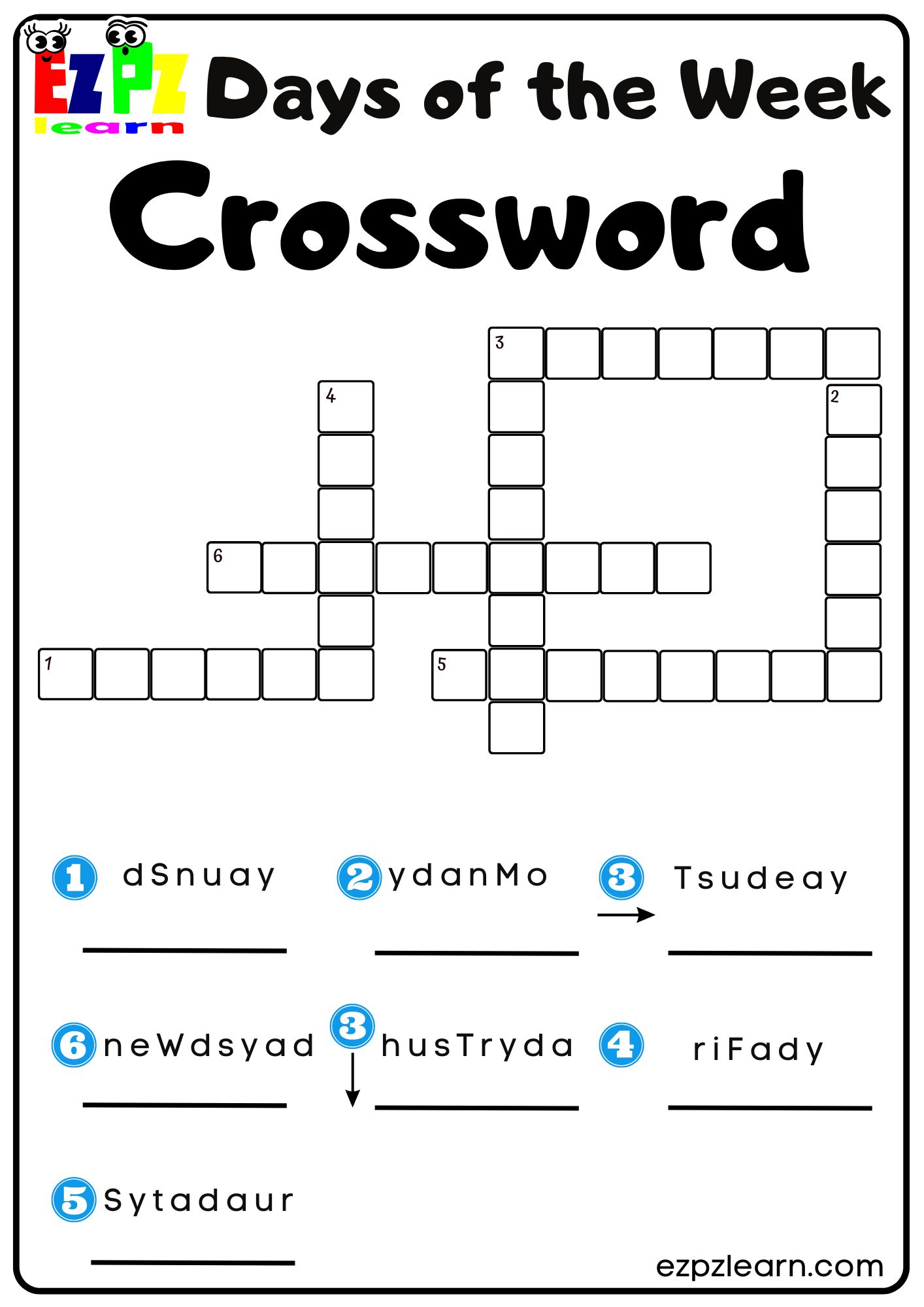 Days of the Week Crossword - Ezpzlearn.com