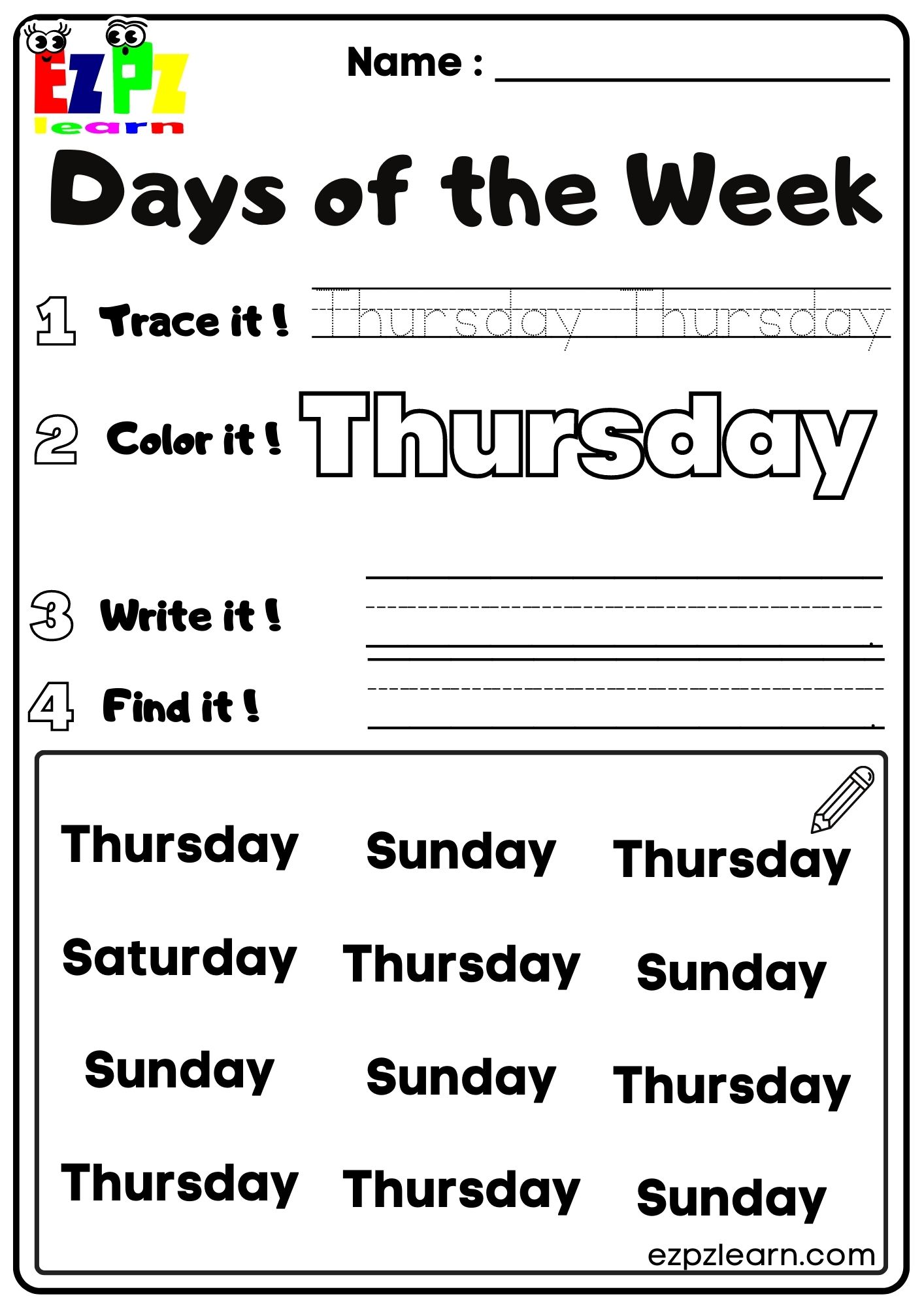Thursday Days of the Week Kids Activity - Ezpzlearn.com