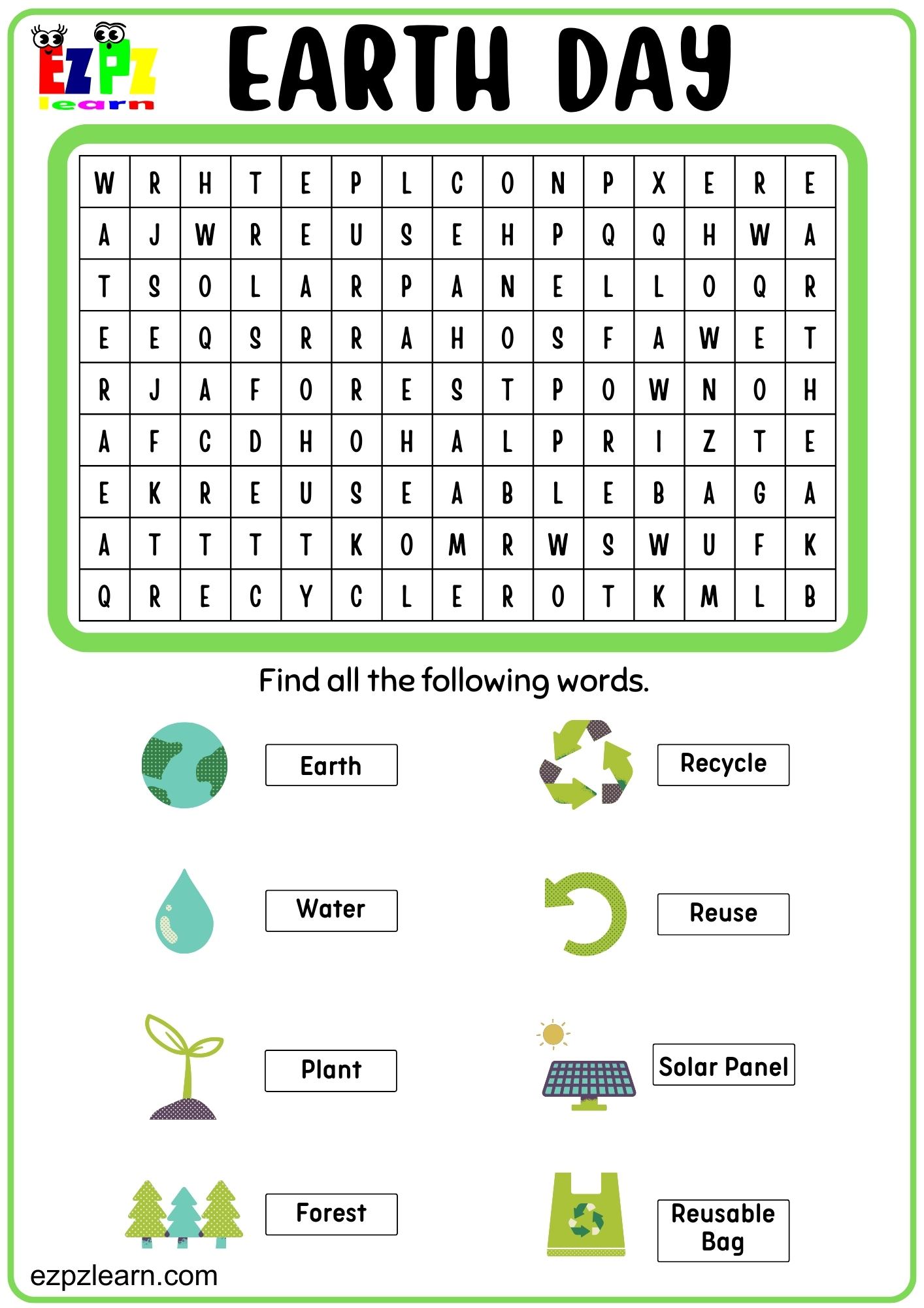 Earth Day Word Search for Kids 8 Words Free PDF Download - Ezpzlearn.com