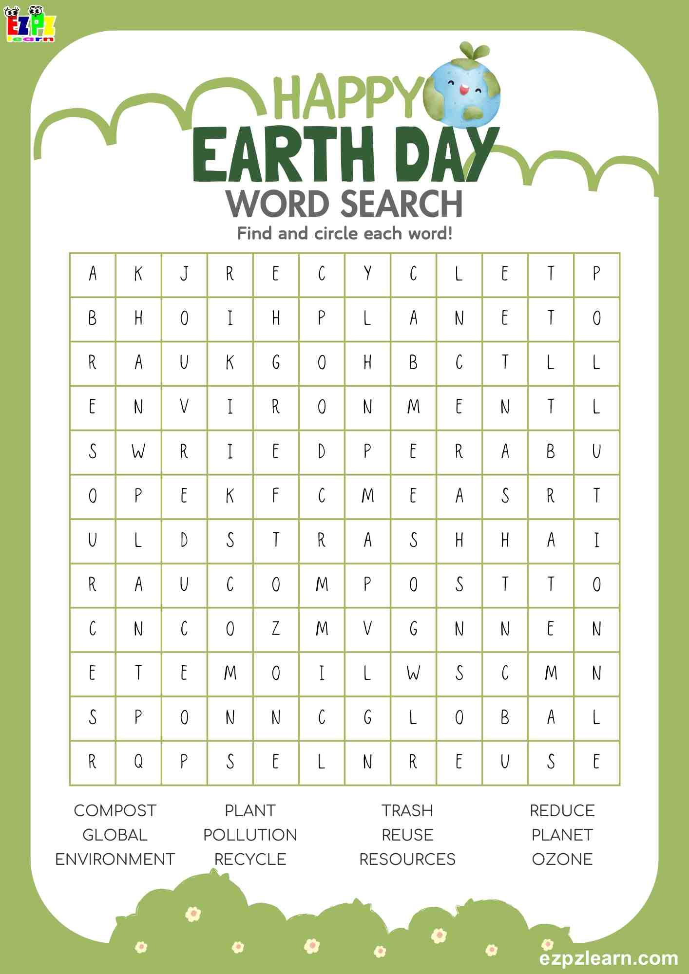 Happy Earth Day Reduce, Reuse and Recycle Word Search Activity for Kids ...