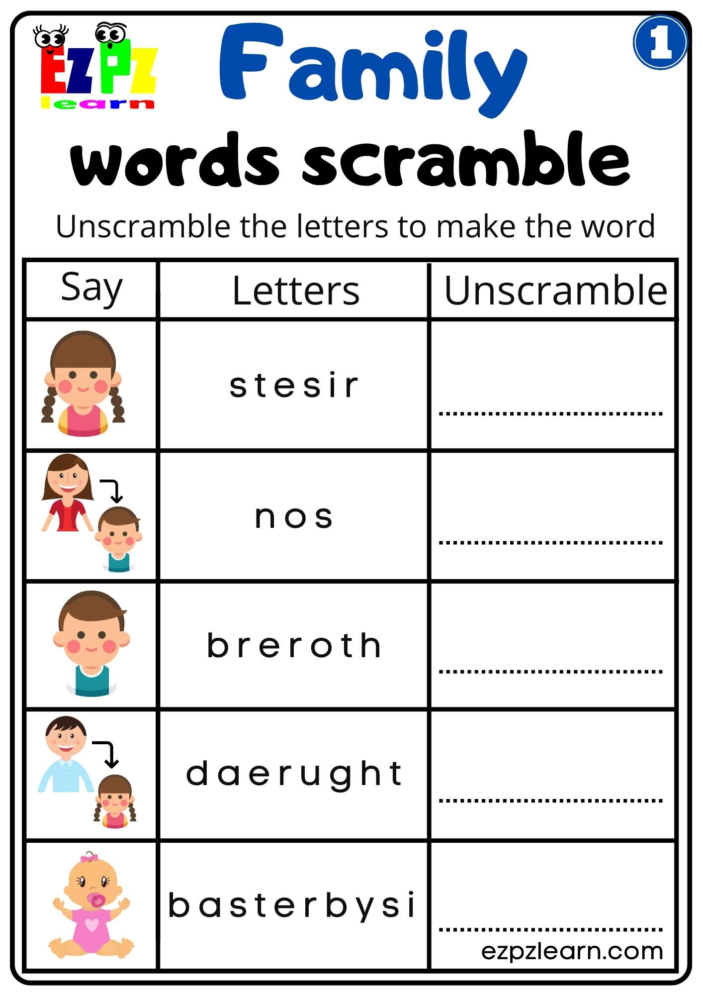 Family Vocabulary Word Scramble Activity For K5 Students Parents and ...