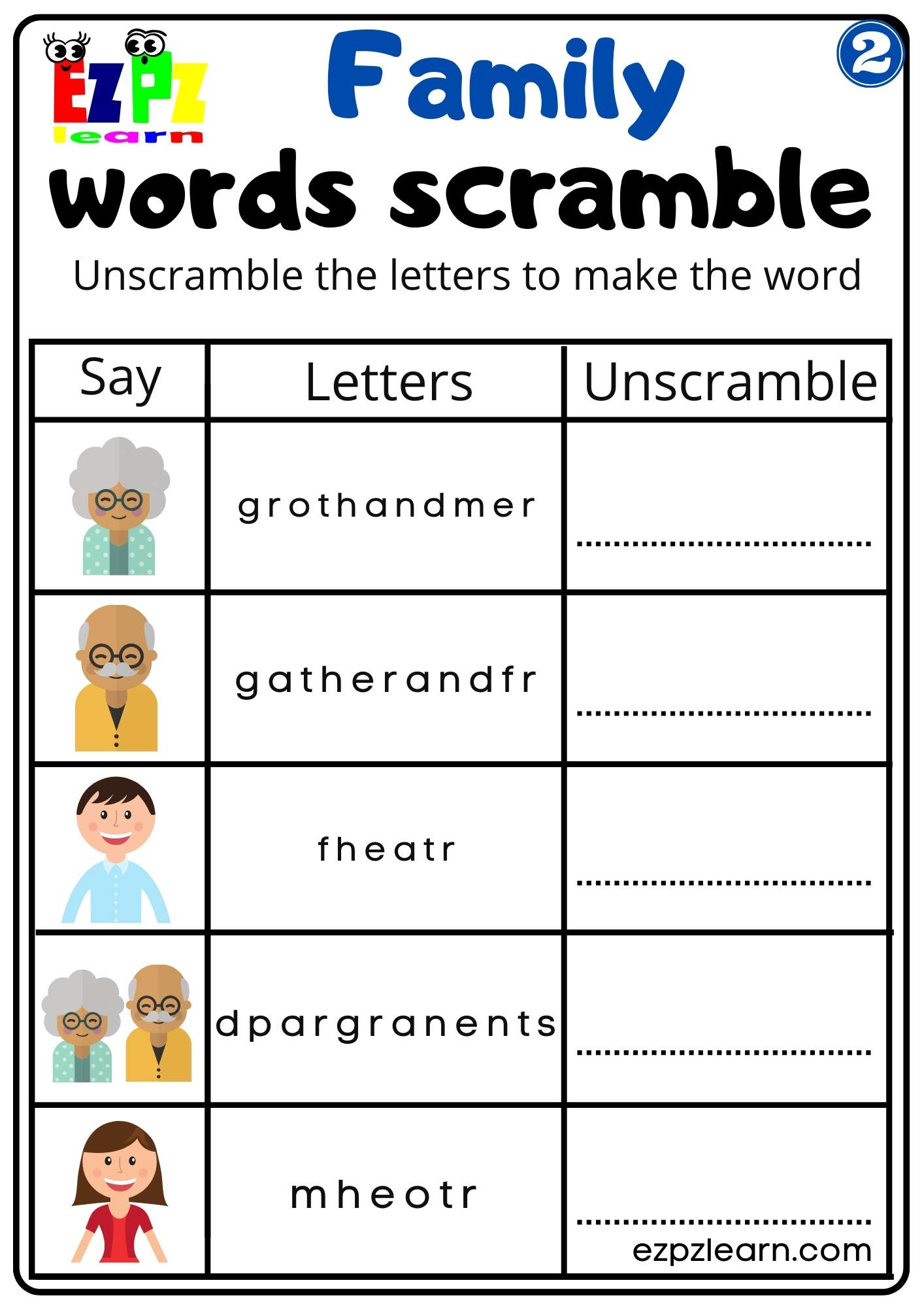 Word Scramble Activity Family Vocabulary For K5 Students Parents and ...
