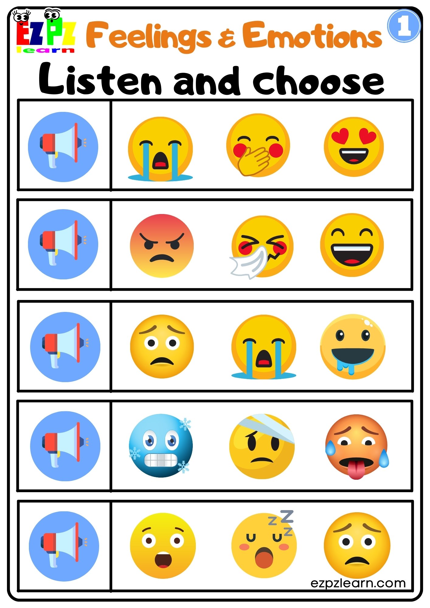 Feelings Vocabulary Interactive Worksheet Listen and Choose the Correct ...