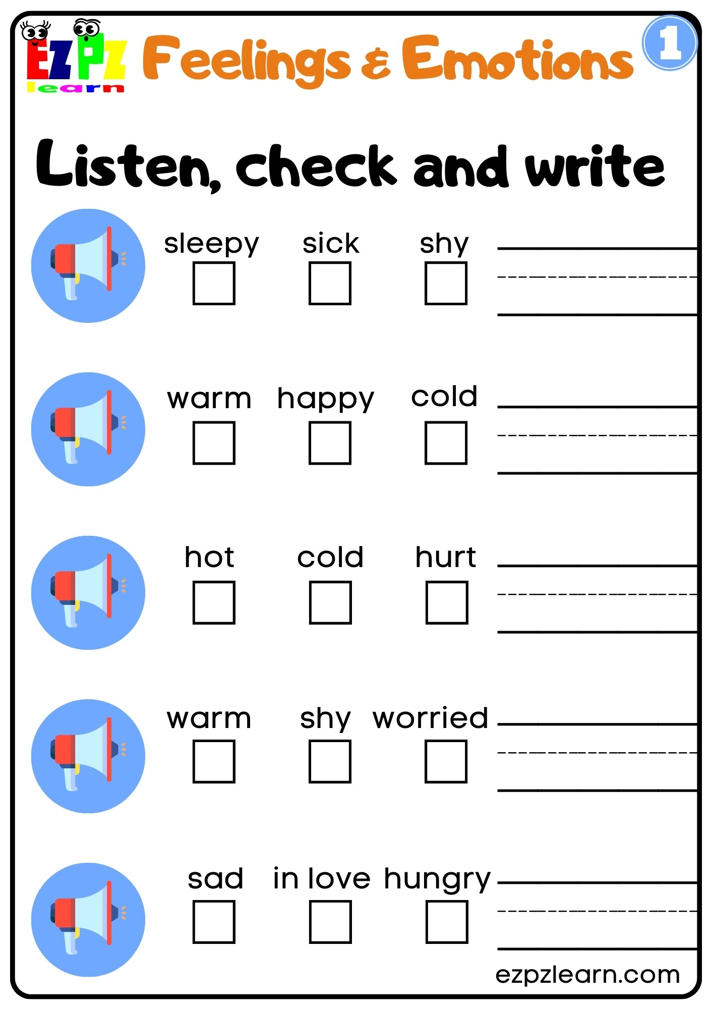 Feelings Vocabulary Interactive Worksheet Listen, Check and Write ...