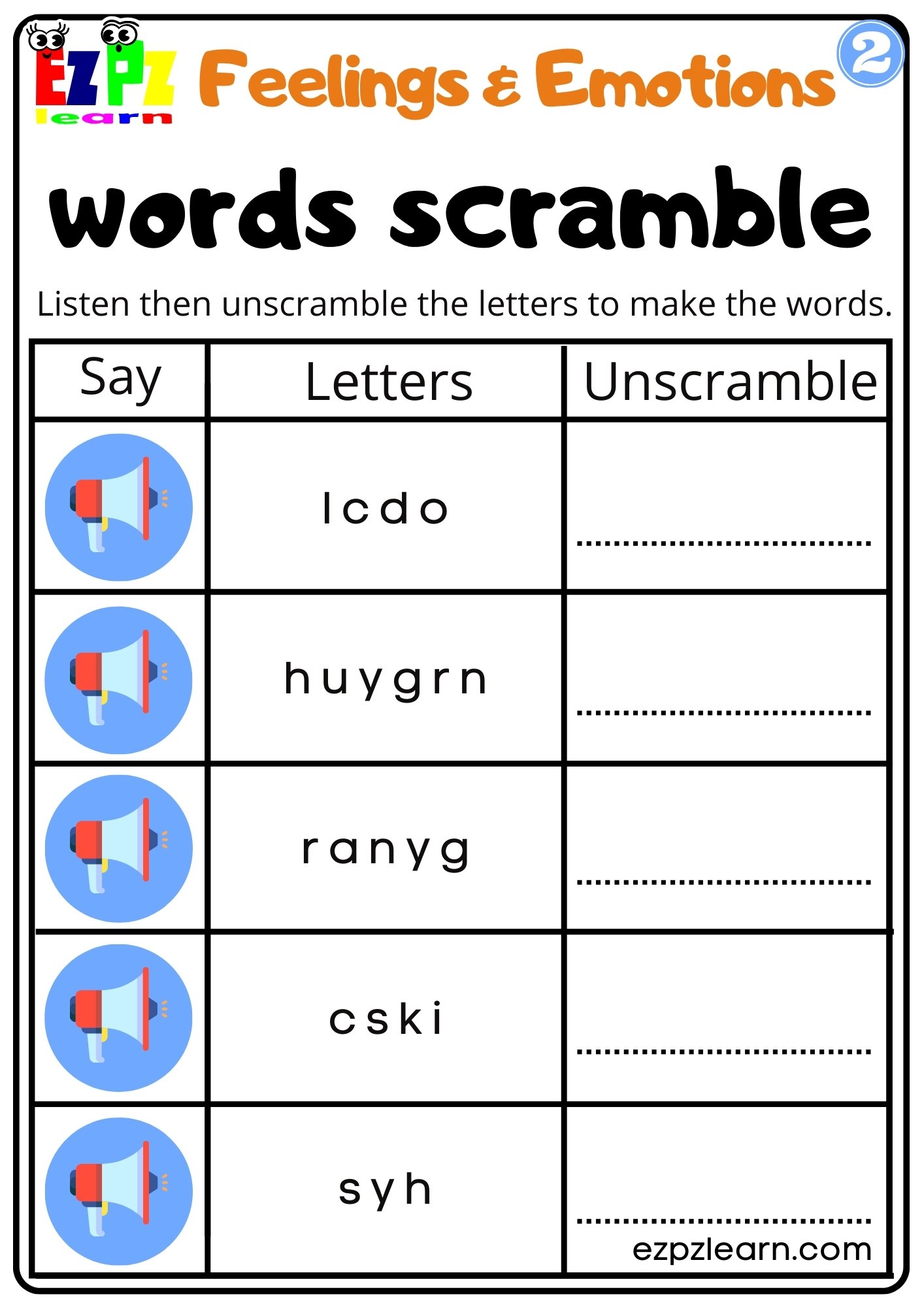 Feelings Vocabulary Interactive Worksheet Listen, Unscramble and Write ...