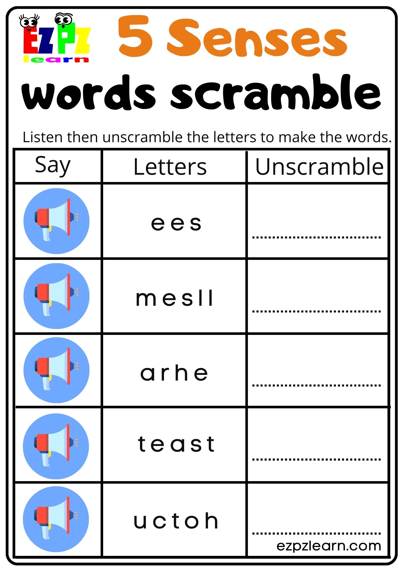 Five Senses Vocabulary Interactive Worksheet Listen, Unscramble and ...