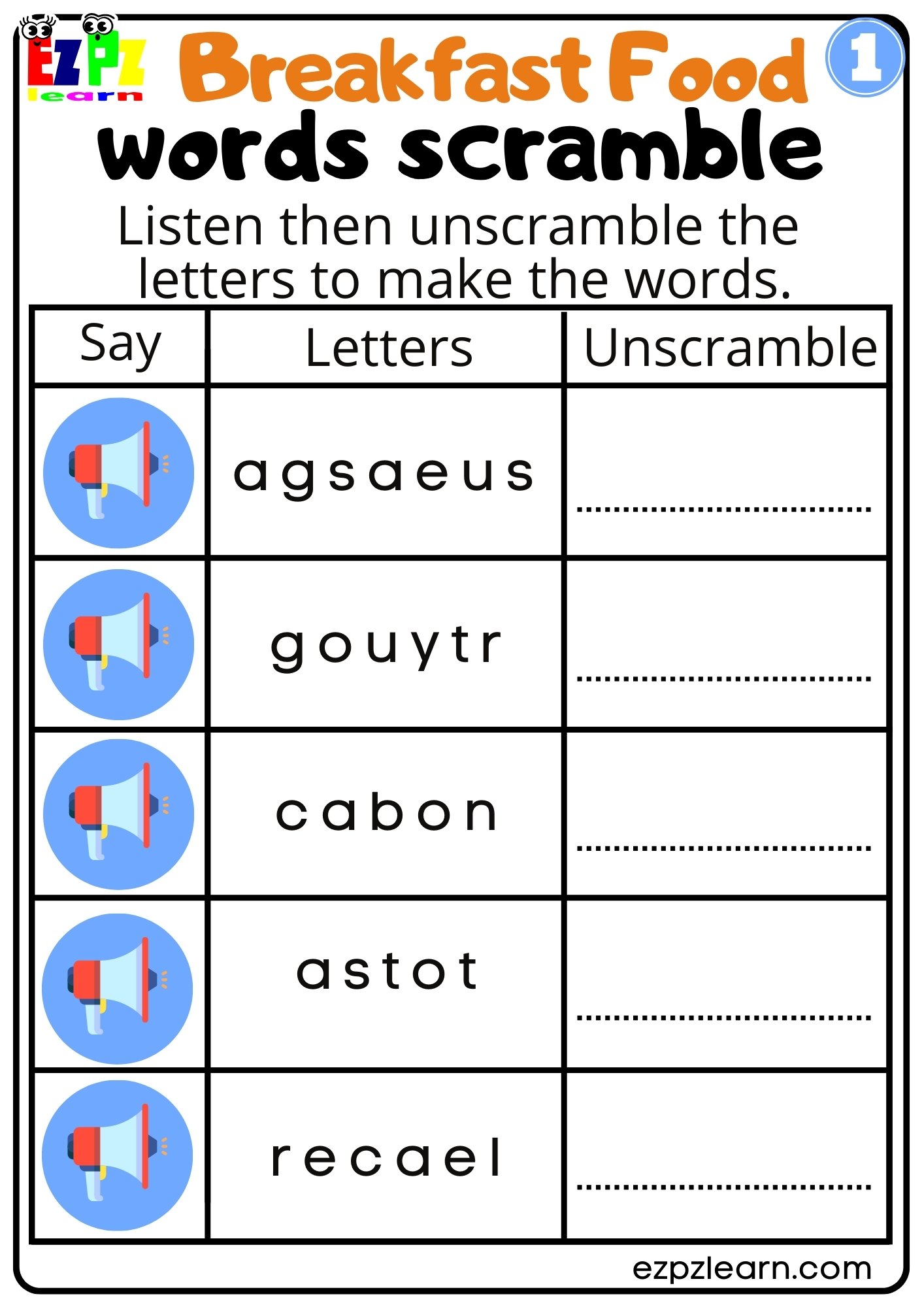 Interactive Worksheet for Breakfast Food Listen, Unscramble and Write ...