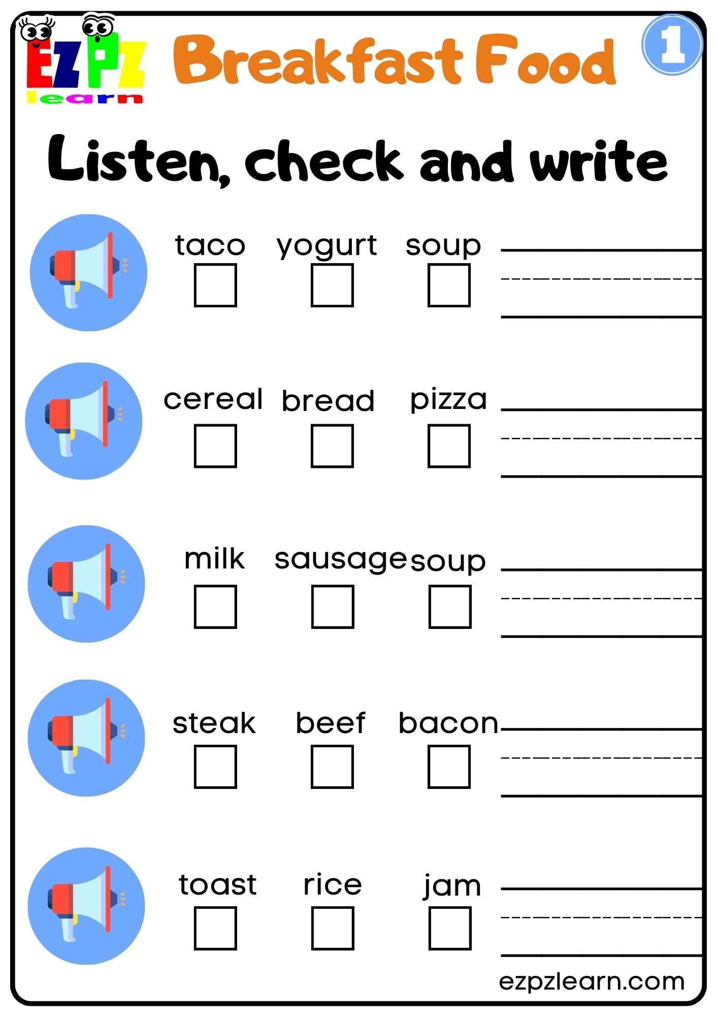 Interactive Worksheet for Breakfast Food Listen, Check and Write the ...